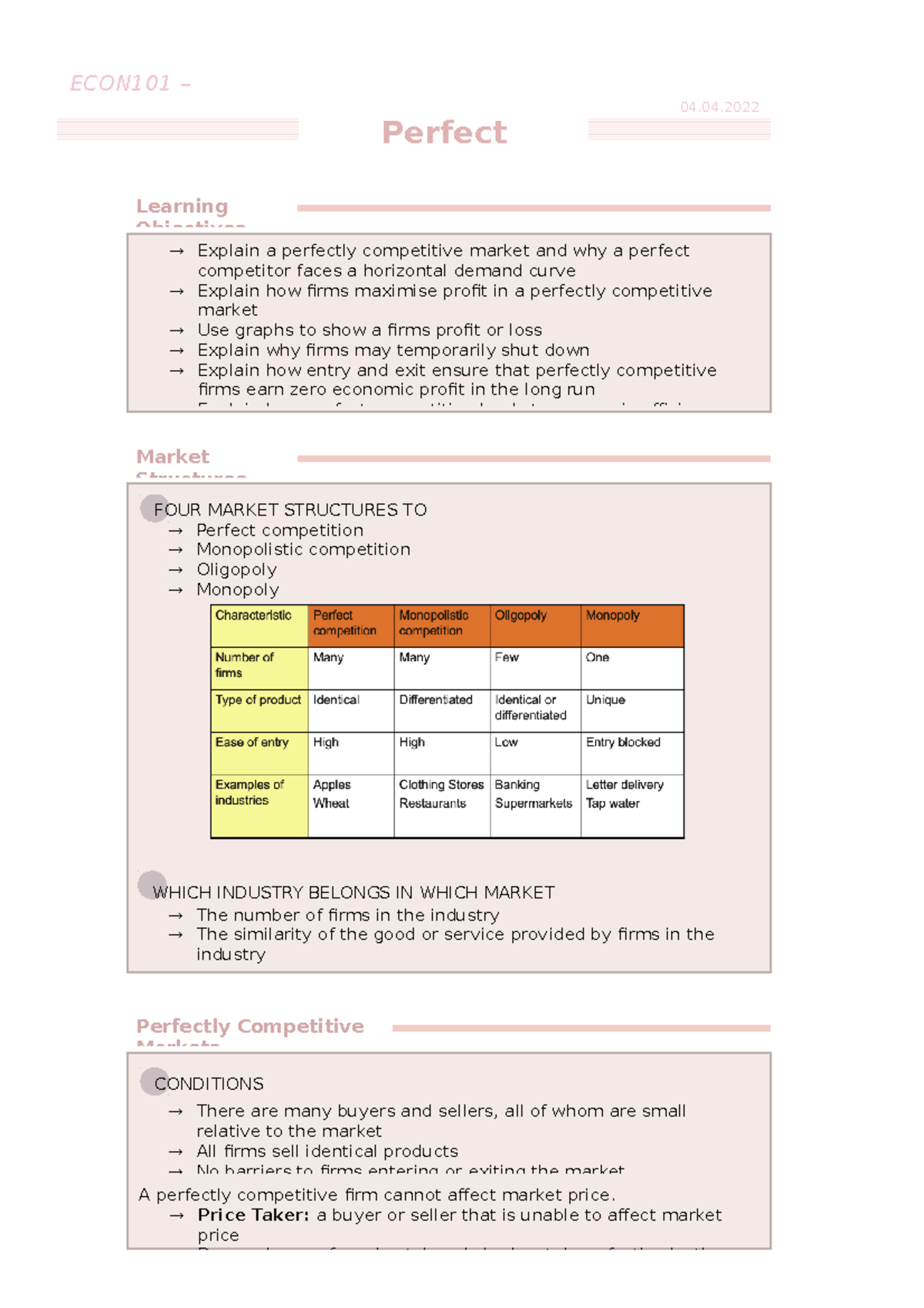 Topic 6 - Perfect Competition - ECON101 – Perfect Learning Objectives ...