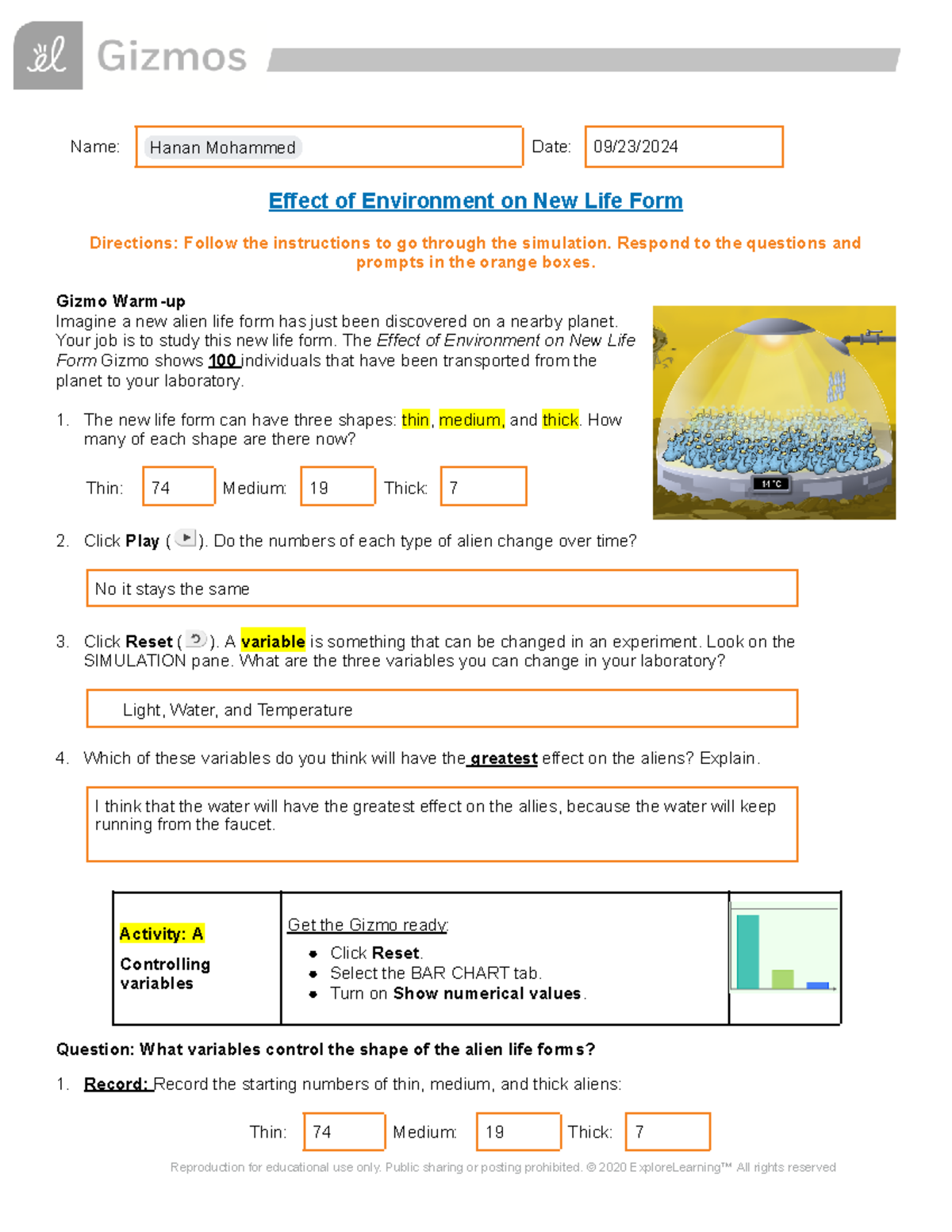 Lab #1 Effects of Environment on New Life Forms - Name: Hanan Mohammed ...