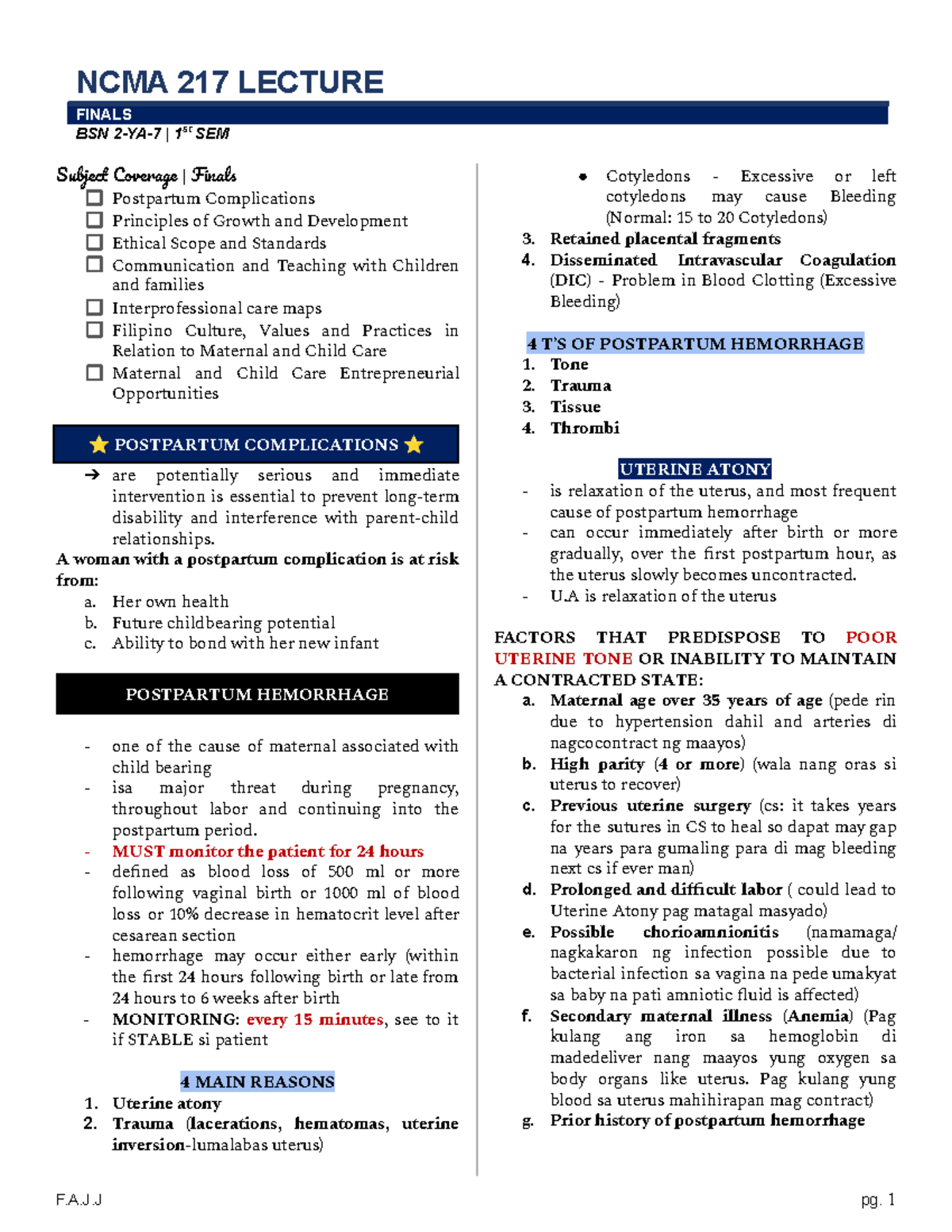 NCMA 217 Lecture REVIEWER - NCMA 217 LECTURE FINALS BSN 2-YA-7 | 1stSEM ...