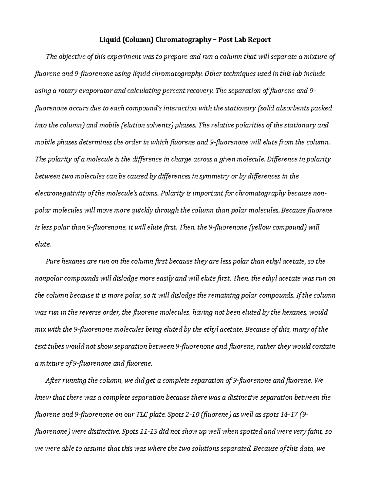 Column Postlab Report (#2) - Liquid (Column) Chromatography – Post Lab ...