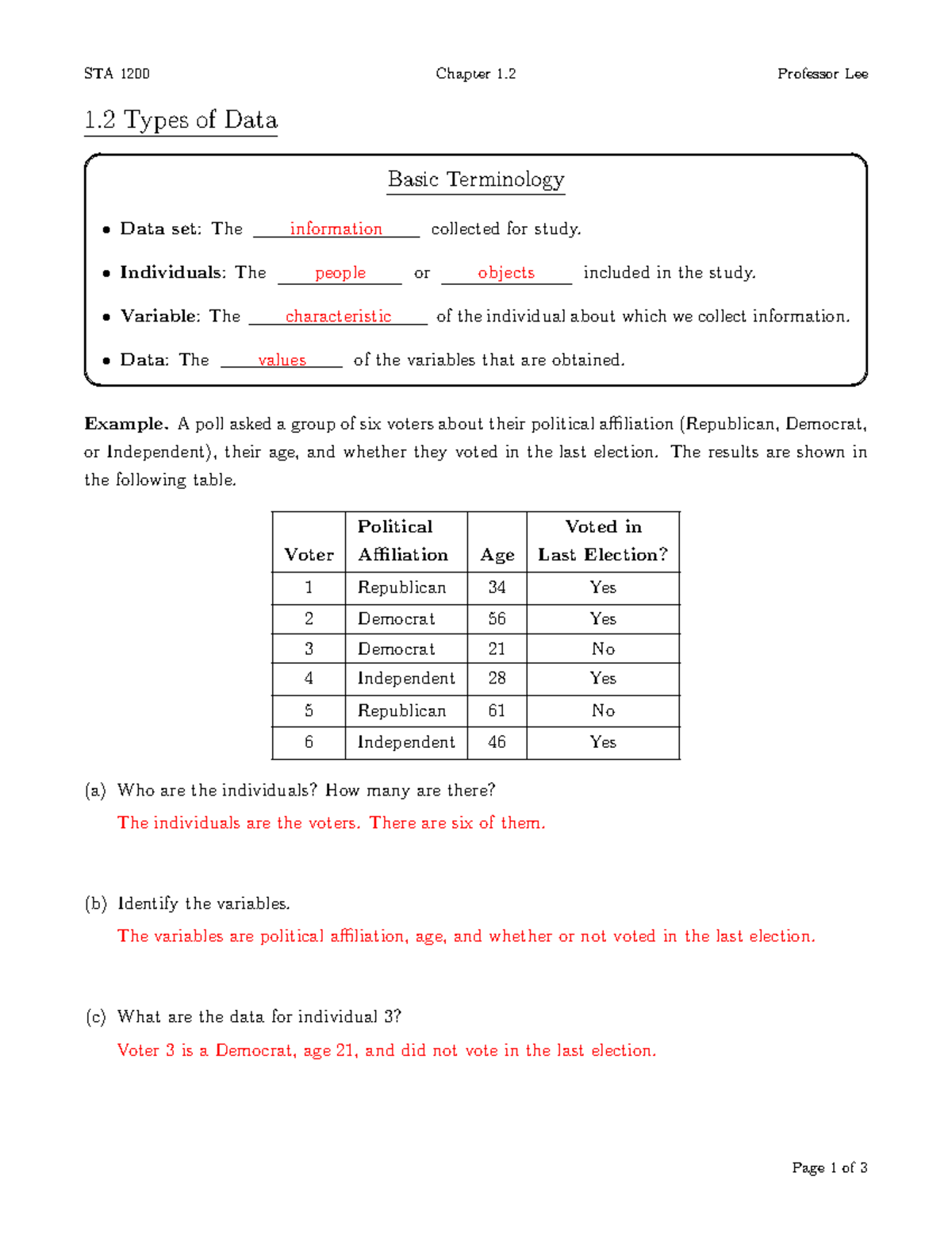 Types of Data - Chapter 1 - STA 1200 Chapter 1 Professor Lee 1 Types of ...