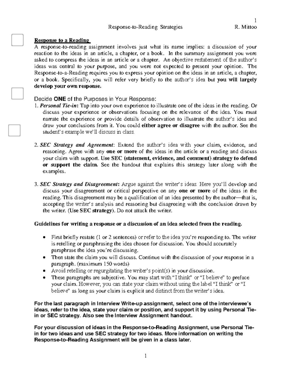 Response to Reading Guidelines S2018 - Response-to-Reading Strategies R ...