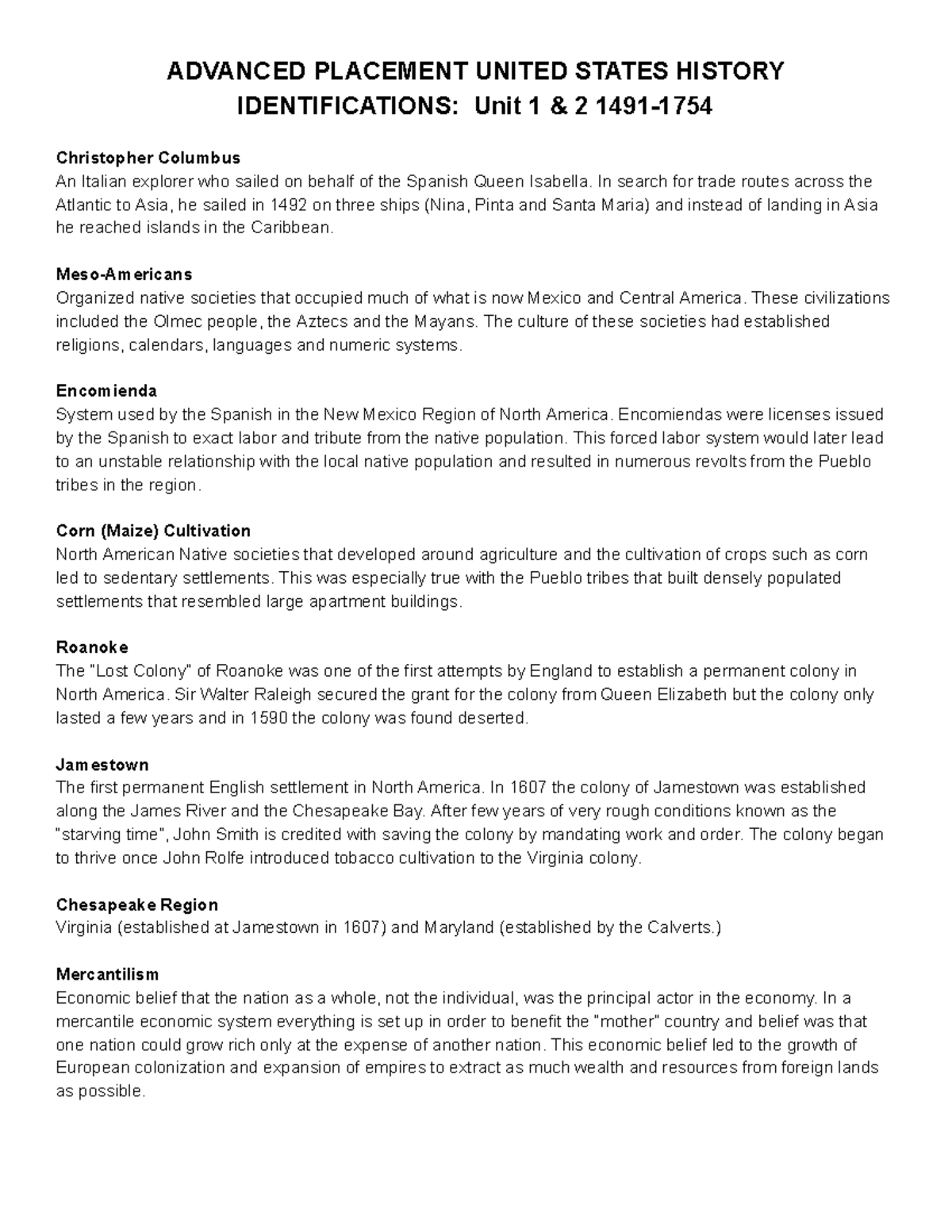 Unit One IDs 2019-2020 - notes for unit 1 - ADVANCED PLACEMENT UNITED ...