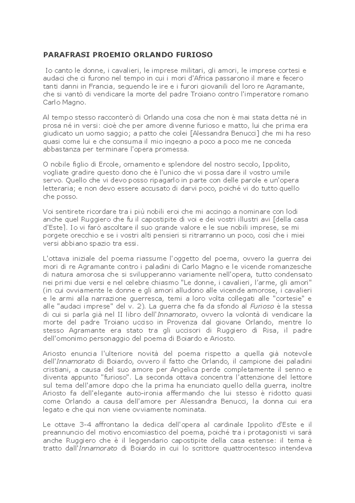 Proemio Orlando Furioso - PARAFRASI PROEMIO ORLANDO FURIOSO Io canto le ...