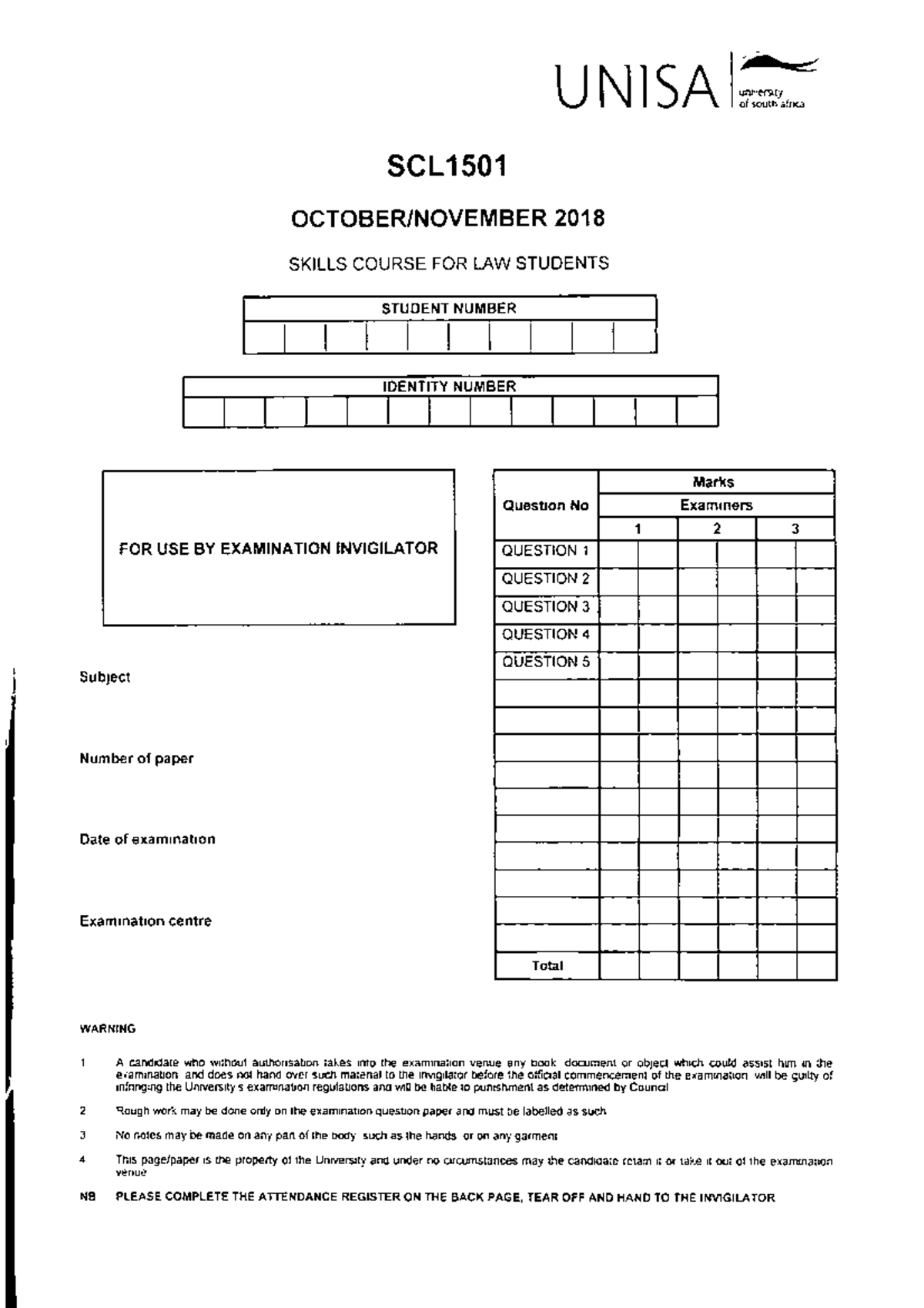 Exam 2018, questions - n—F UNISA SCL1501 OCTOBERINOVEMBER 2013 SKILLS ...