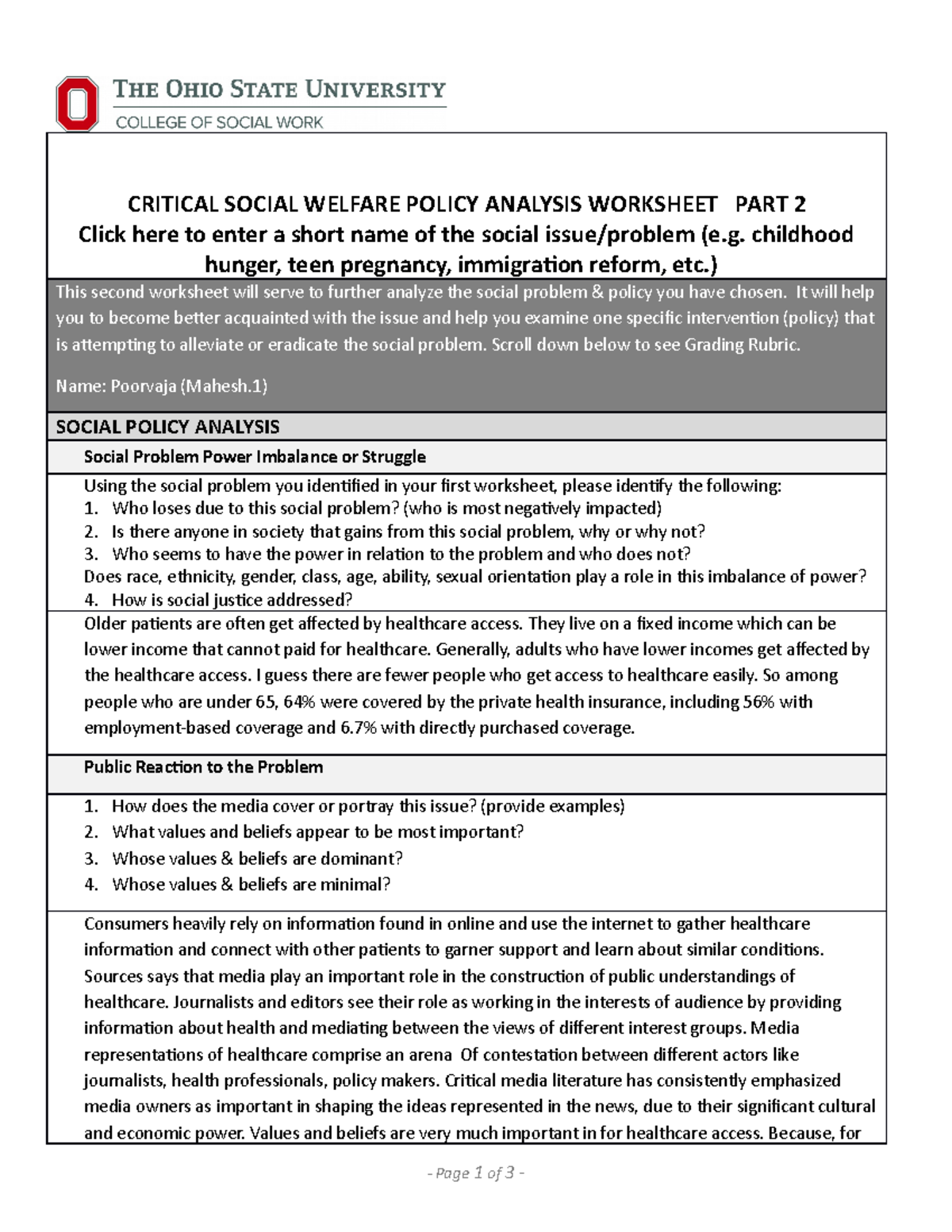Critical analysis worksheet 2 socwork 1120 - CRITICAL SOCIAL WELFARE ...