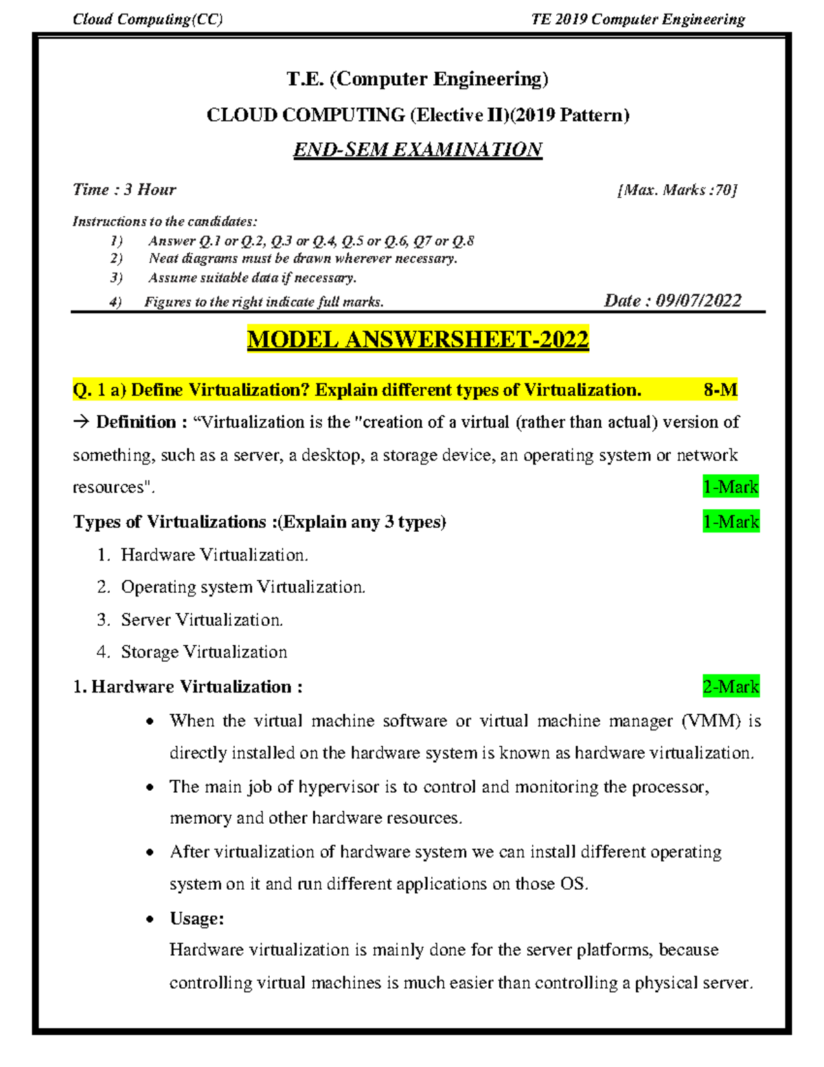 Final cc endsem exam july 2022 solution - T. (Computer Engineering) CLOUD COMPUTING (Elective ...