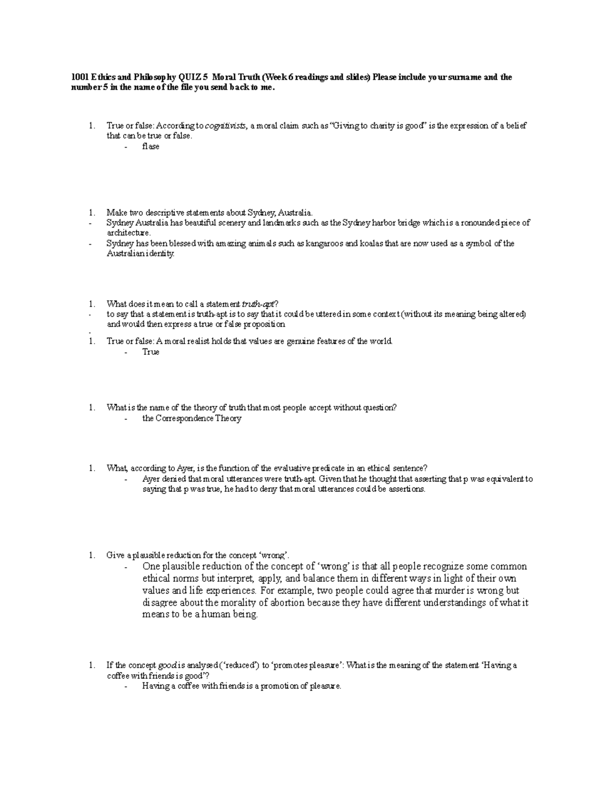 1001 Ethics and Philosophy QUIZ 5 Moral Truth (Week 6 readings and ...