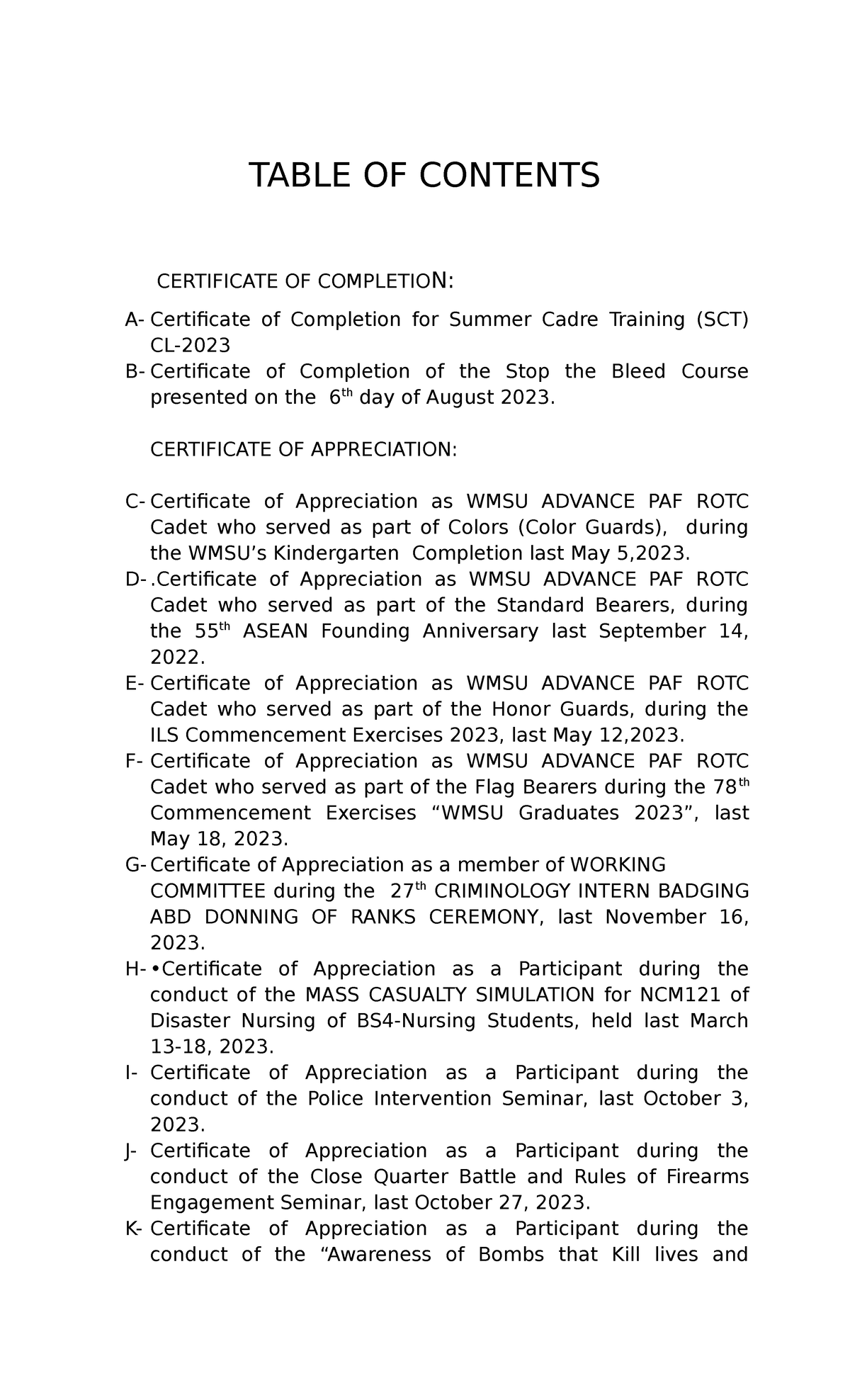 Table OF Contents - TABLE OF CONTENTS CERTIFICATE OF COMPLETION: A ...