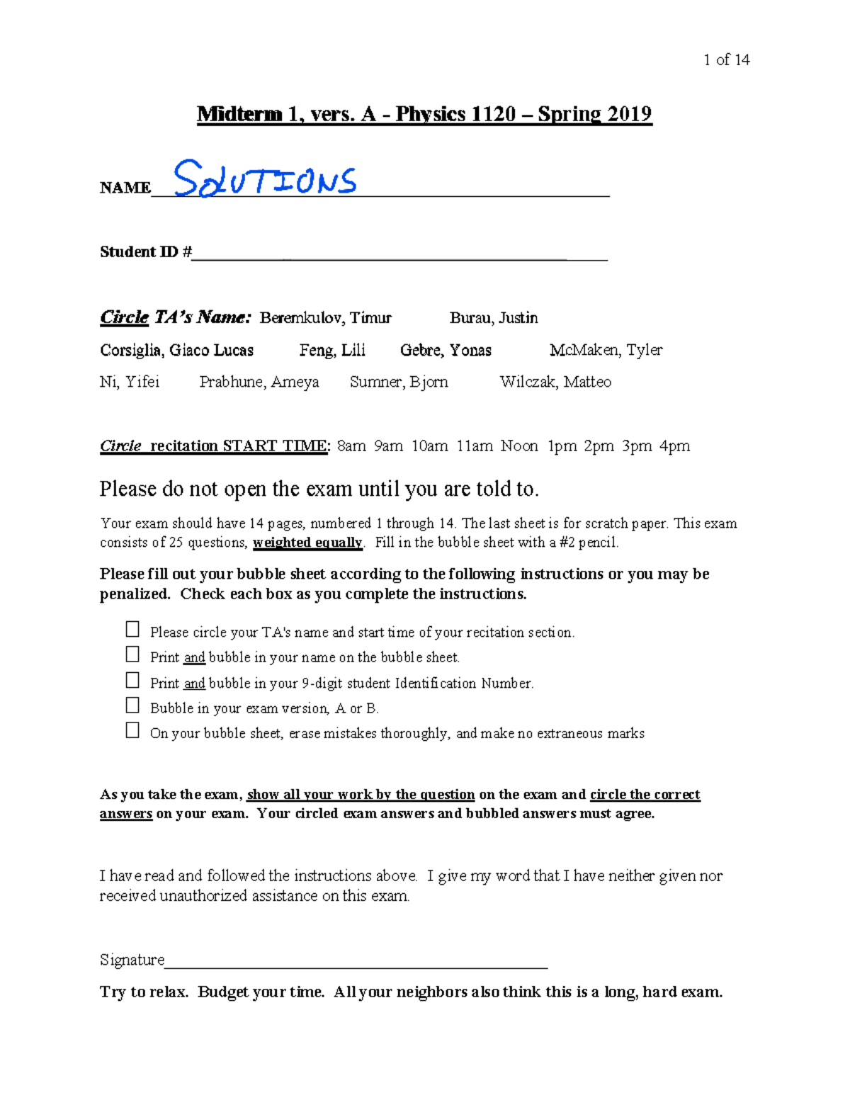 Exam 1 Solutions A Sp 19 - Practice Exam - RI 0LGWHUP YHUV $ 3K\VLFV ± ...