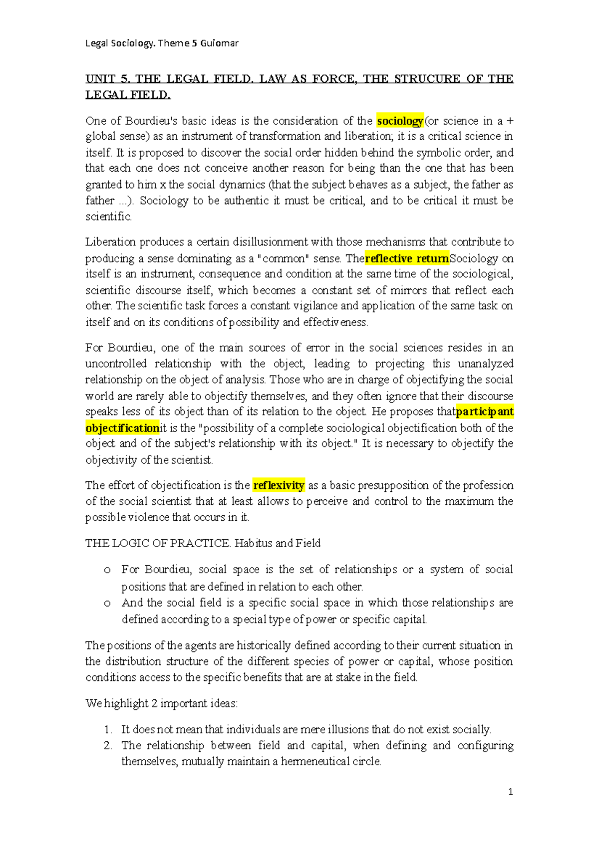 Temmary 11 Sociology - UNIT 5. THE LEGAL FIELD. LAW AS FORCE, THE ...