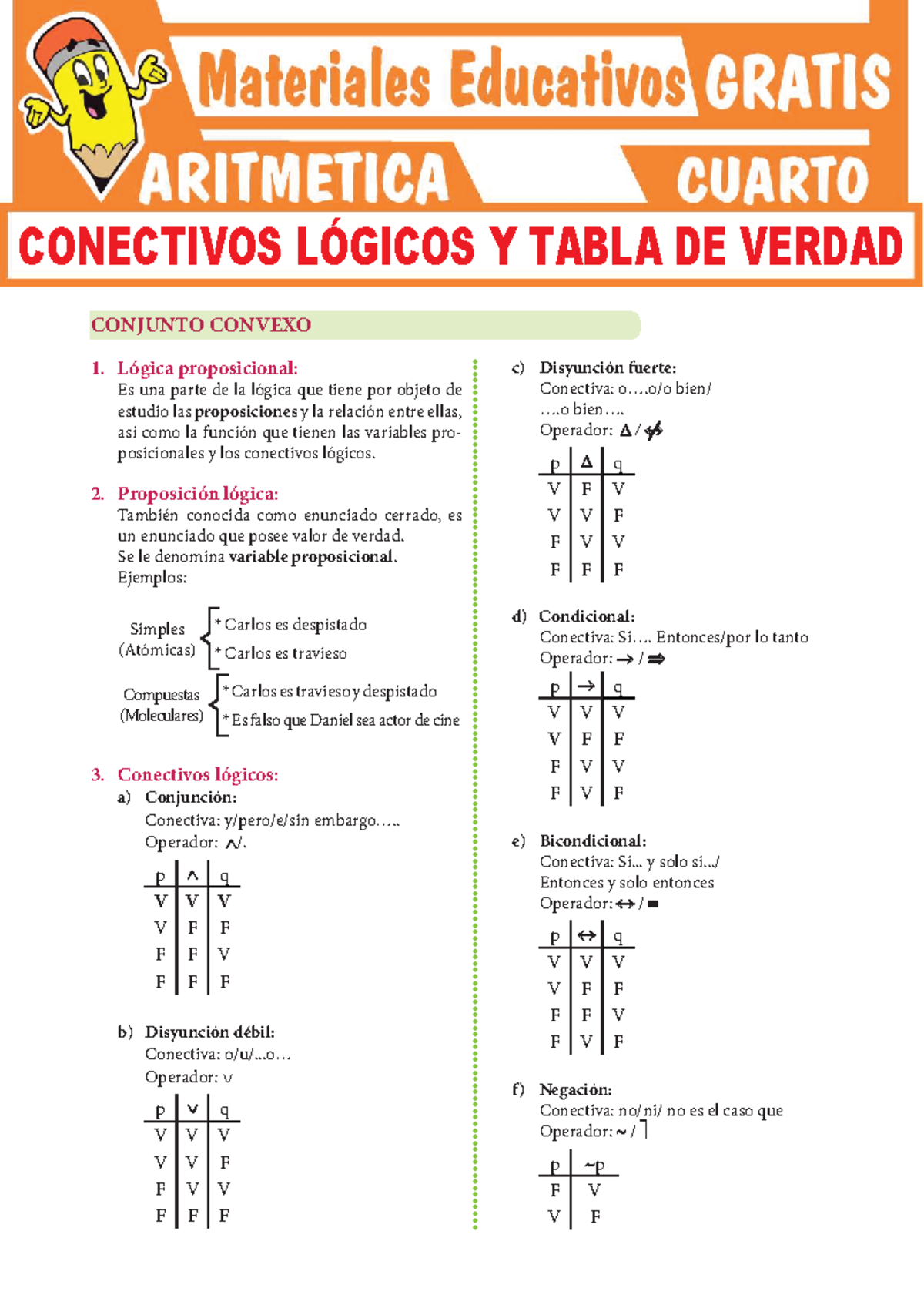 Conectivos Lógicos y Tabla de Verdad Para Cuarto Grado de Secundaria ...