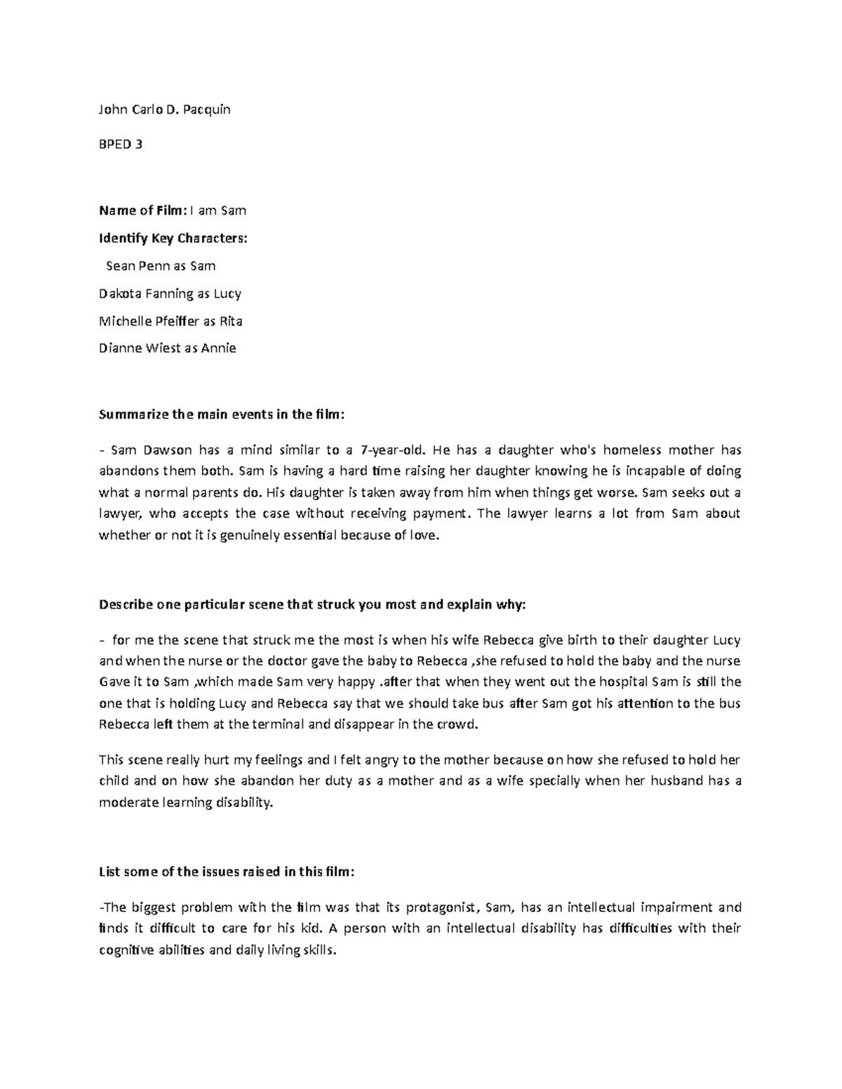 Film review - To help students - John Carlo D. Pacquin BPED 3 Name of ...