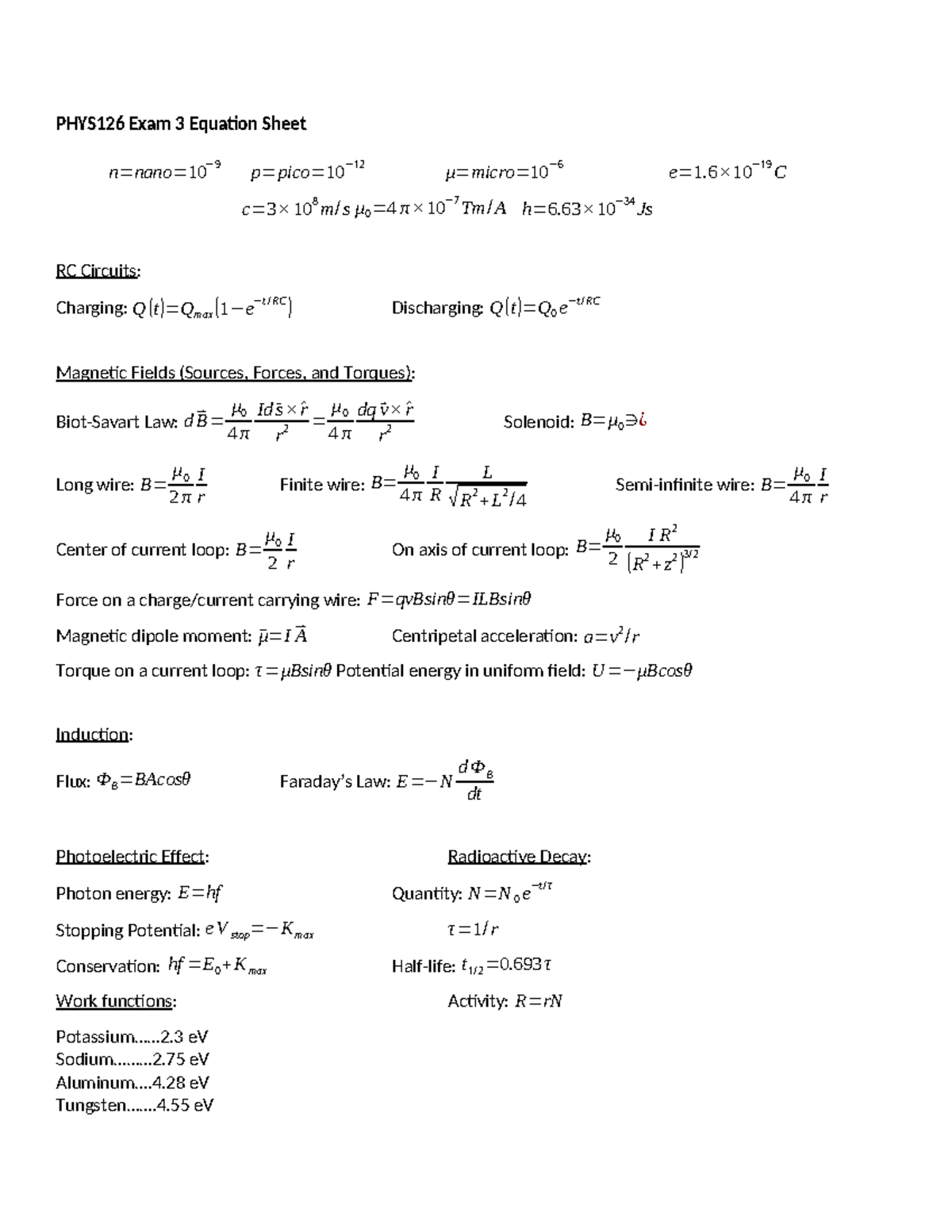PHYS126 Exam 3 Equation Sheet - PHYS126 Exam 3 Equation Sheet n=nano ... PHYS126 Exam 3 Equation Sheet - PHYS126 Exam 3 Equation Sheet n=nano ...