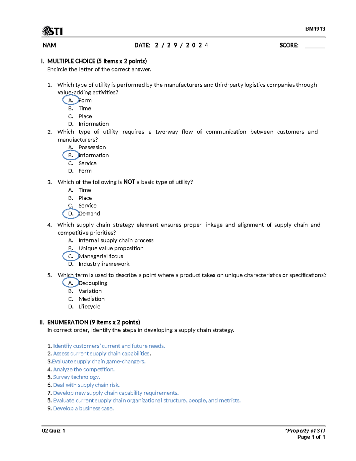 02 Quiz 1 - none - I. MULTIPLE CHOICE (5 items x 2 points) Encircle the letter of the correct ...