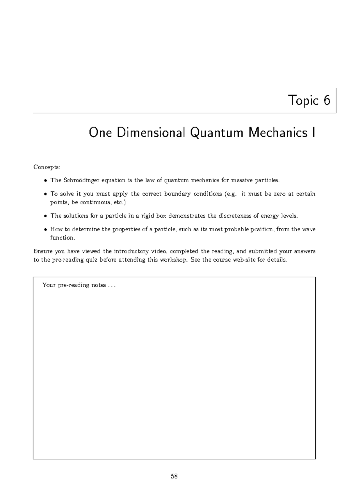 PHYS1002 Workbook 2024 S2-Quantum Mechanics - Topic 6 One Dimensional ...