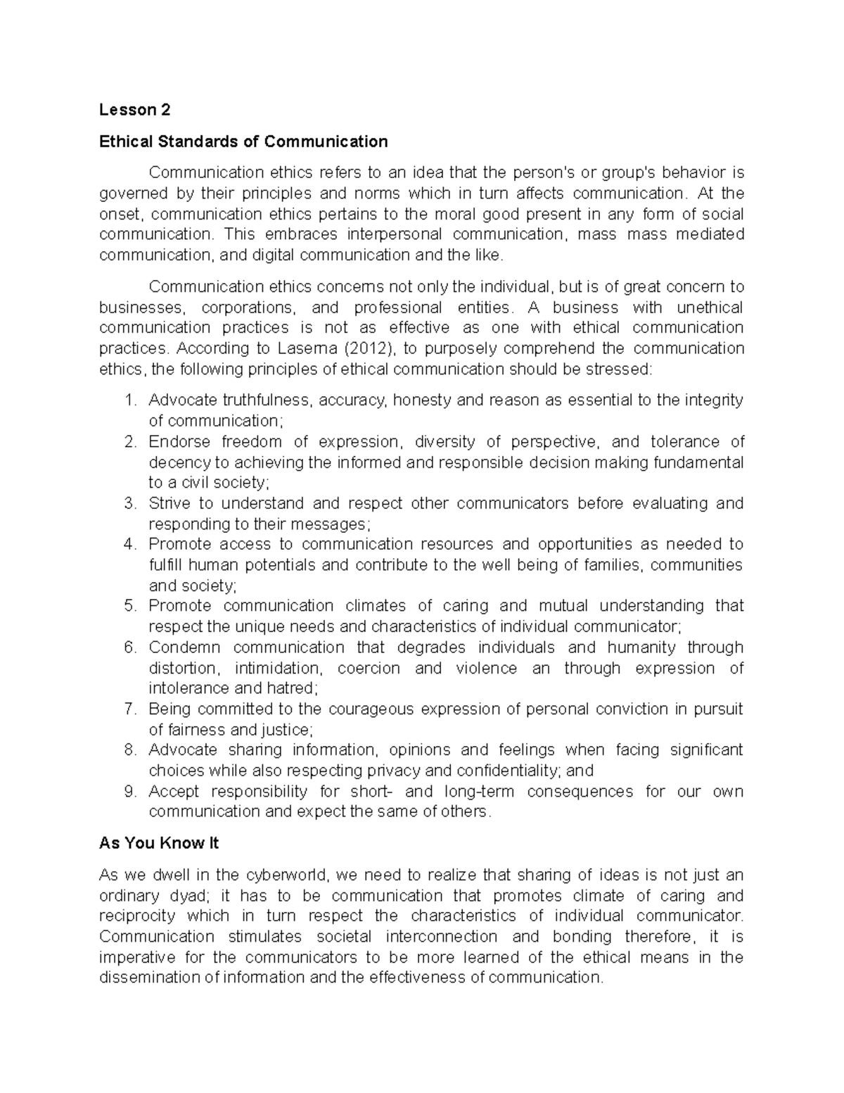 Ethical Standards of Communication - Lesson 2 Ethical Standards of ...