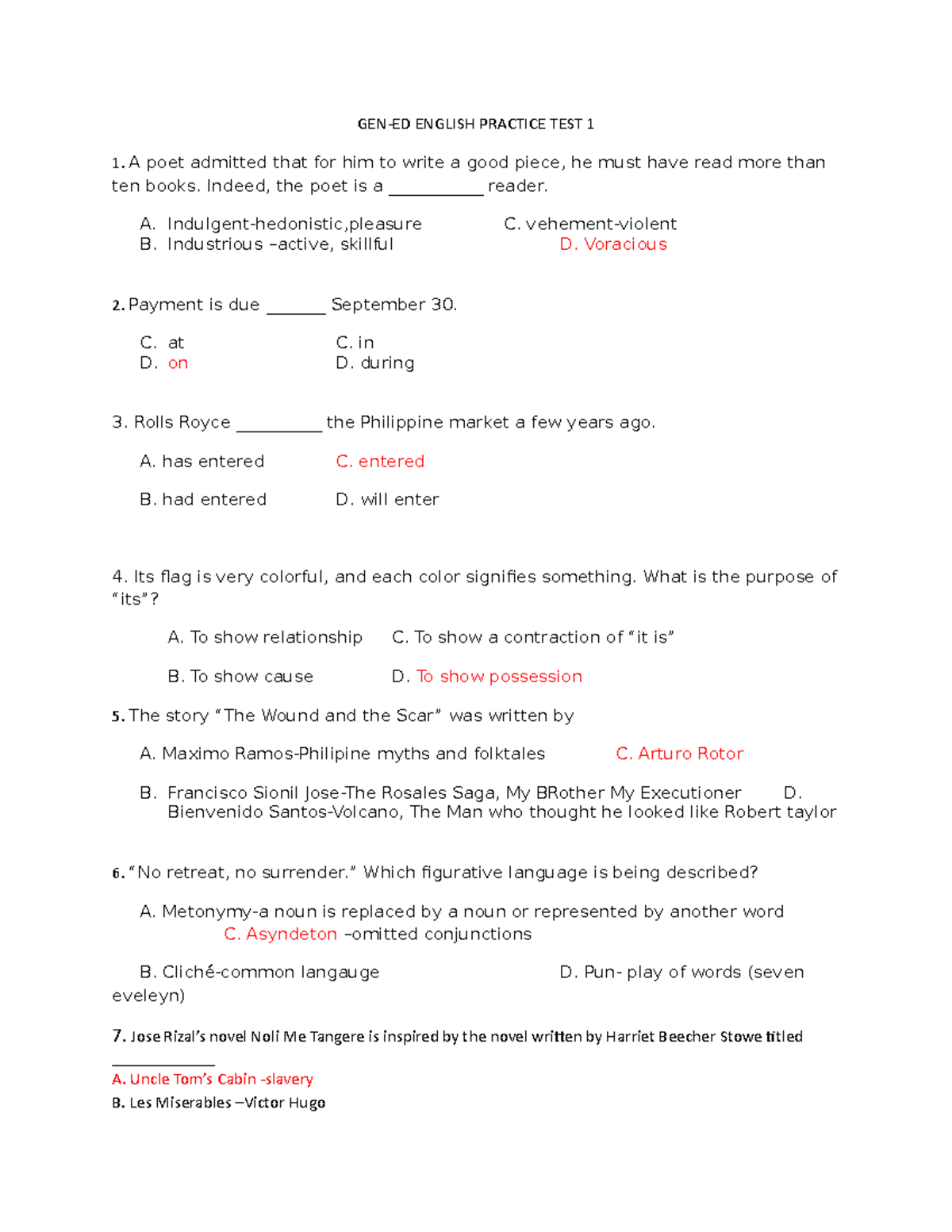 Practice TEST 1 Answer KEY GEN ED ENGLISH PRACTICE TEST 1 1 A Poet