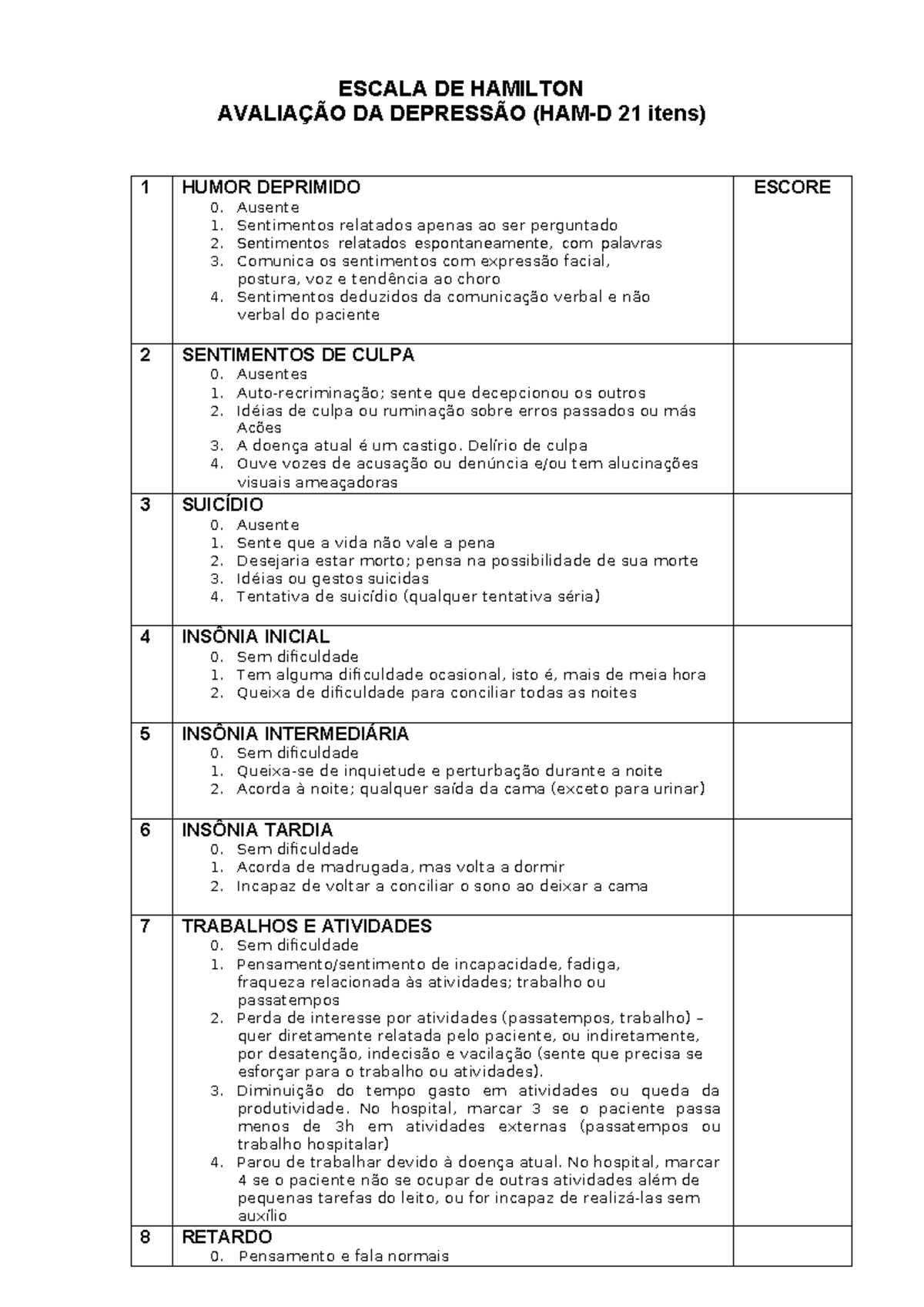 Hamilton- Escala- Portugues - ESCALA DE HAMILTON AVALIAÇÃO DA DEPRESSÃO ...