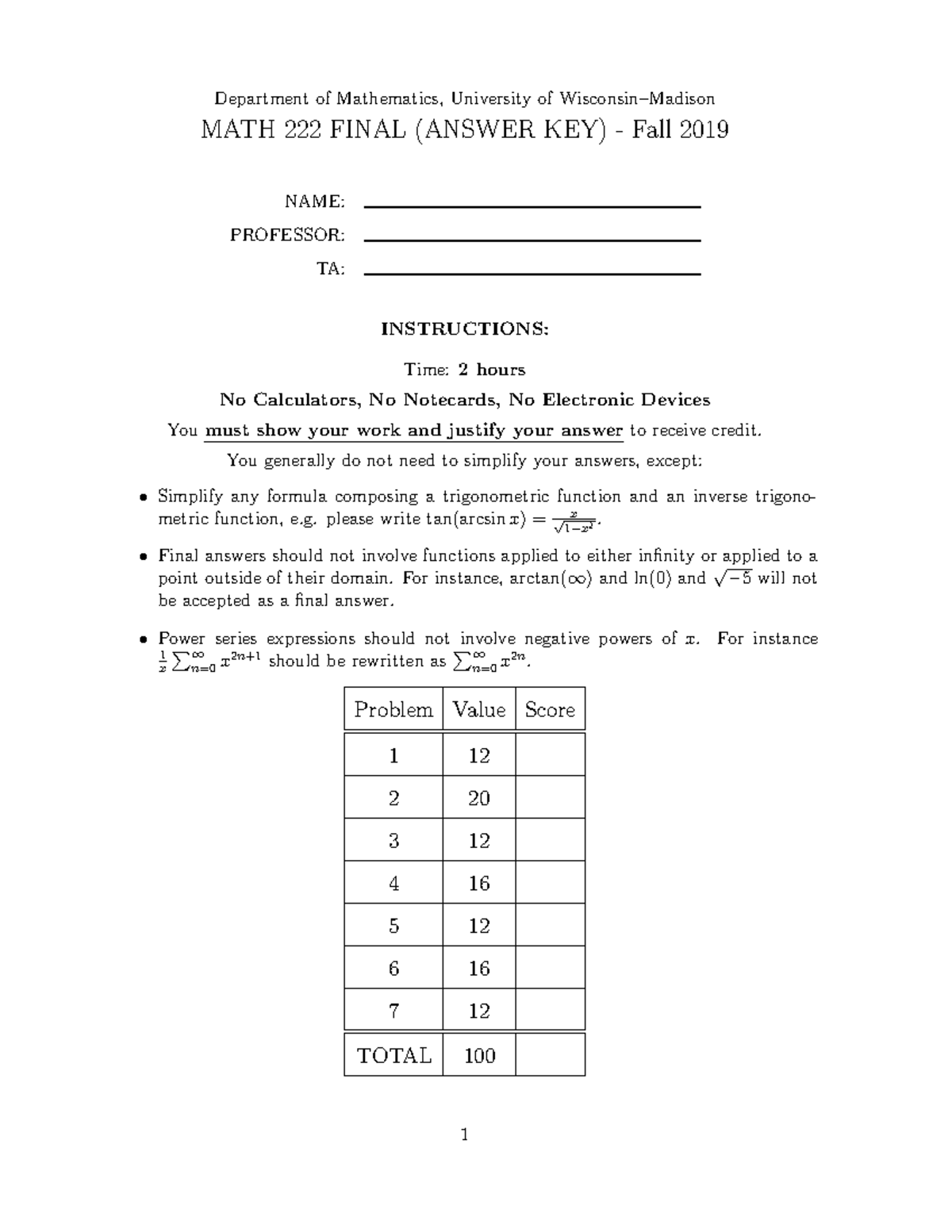 222-final-F19 Answers - Department of Mathematics, University of Wisconsin–Madison MATH 222 ...