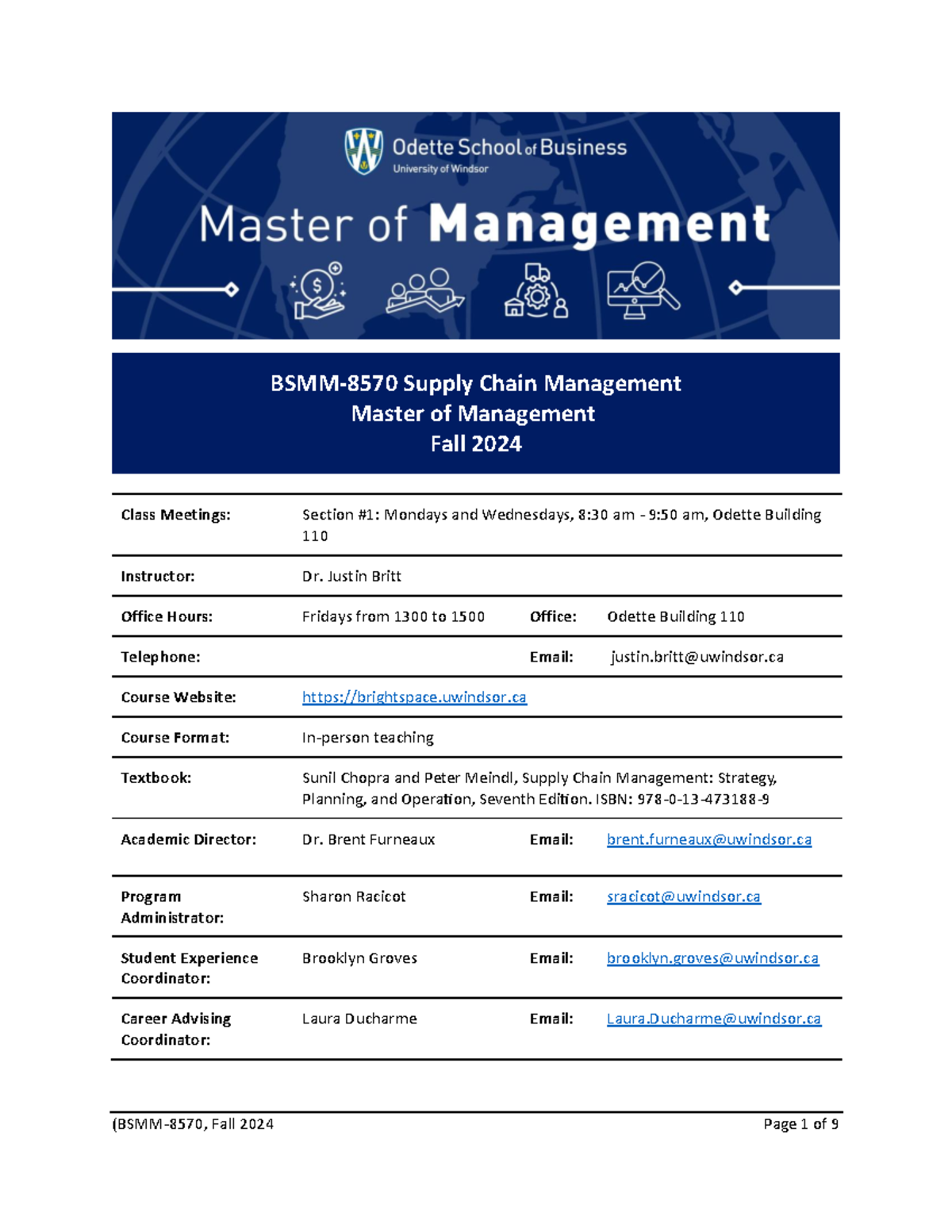 BSMM 8570 Course Outline - Fall 2024 - BSMM- 8570 Supply Chain ...