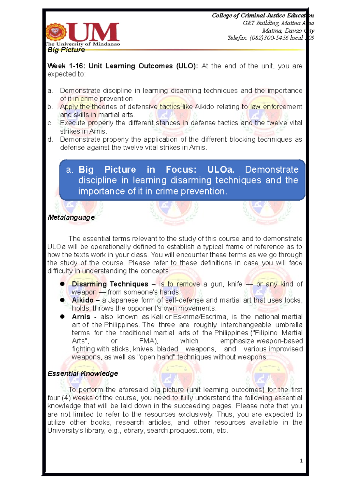 SIM -Deftac-112 -ULO-A - Big Picture Week 1-16: Unit Learning Outcomes ...