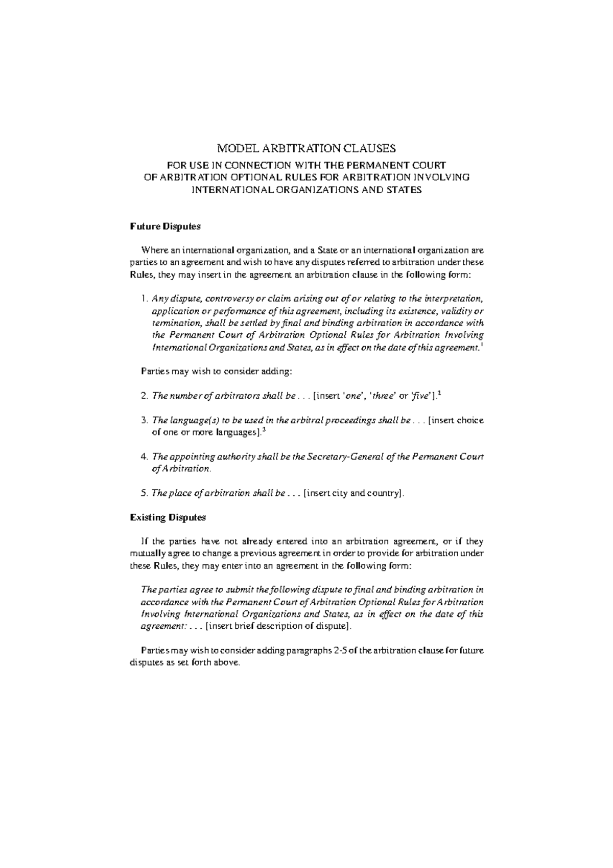 Model Arbitration Clauses - MODEL ARBITRATION CLAUSES FOR USE IN ...
