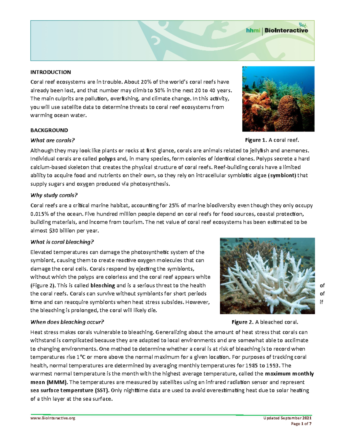 Coral Reefs and Global Warming Activity - Activity Student Handout ...