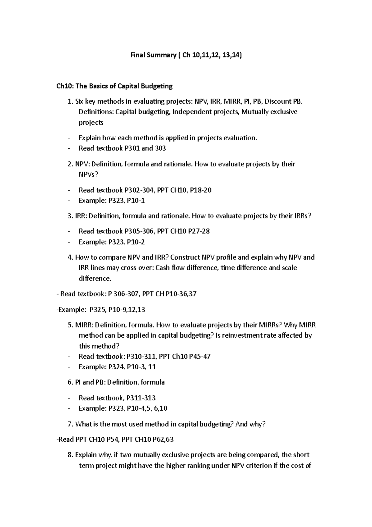 FNCE 301 Final Summary(1) - Final Summary ( Ch 10,11,12, 13,14) Ch10 ...