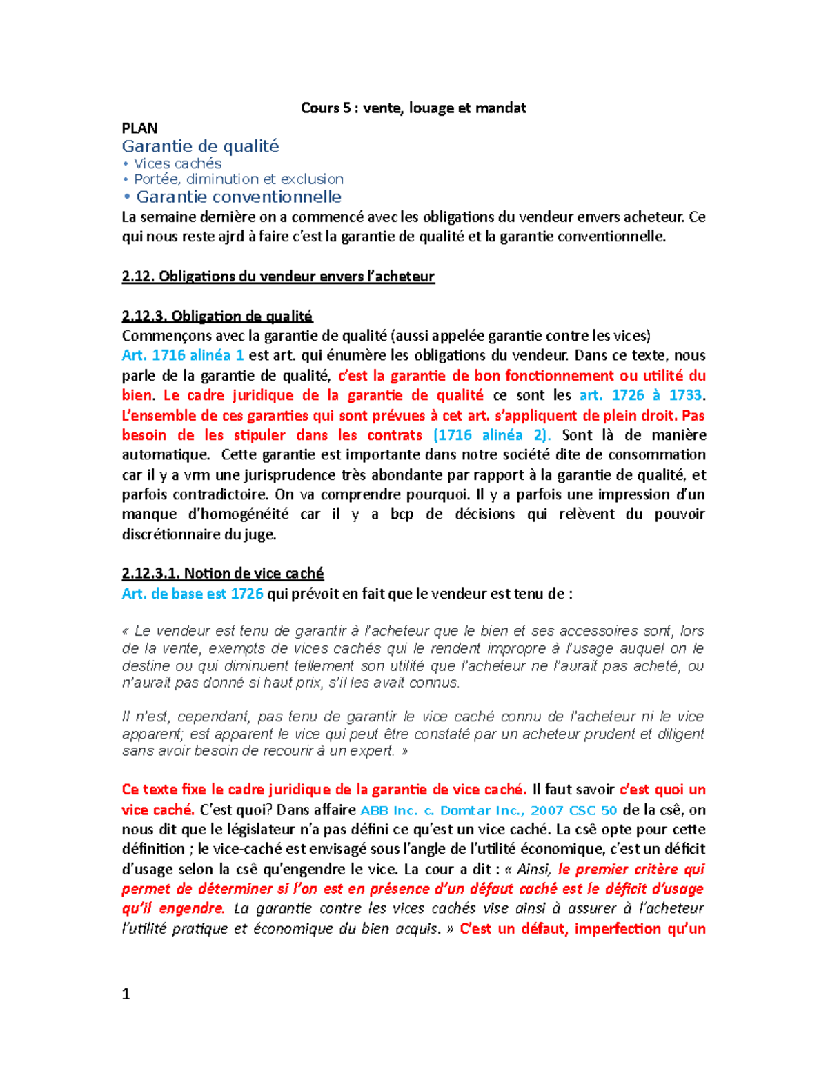 Cours 5 vente, louage et mandat - Cours 5 : vente, louage et mandat ...