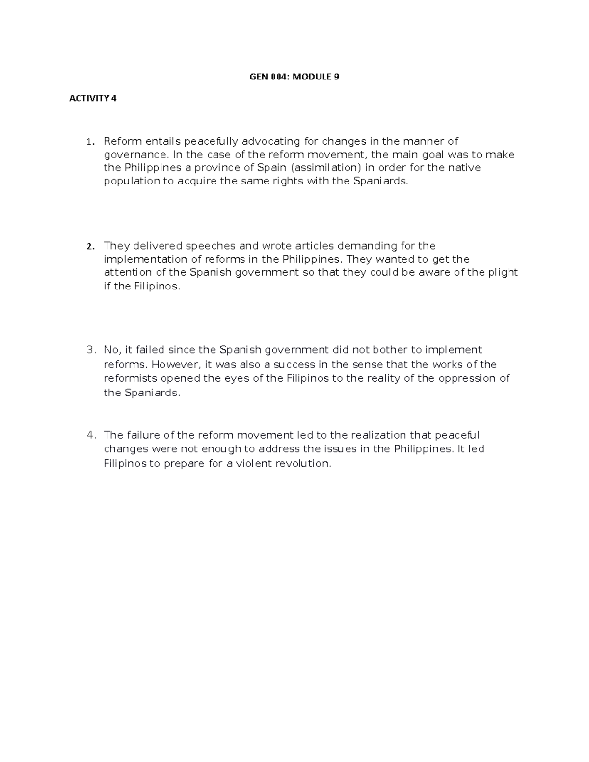 GEN 004 - Module 9 - GEN 004: MODULE 9 ACTIVITY 4 Reform entails ...