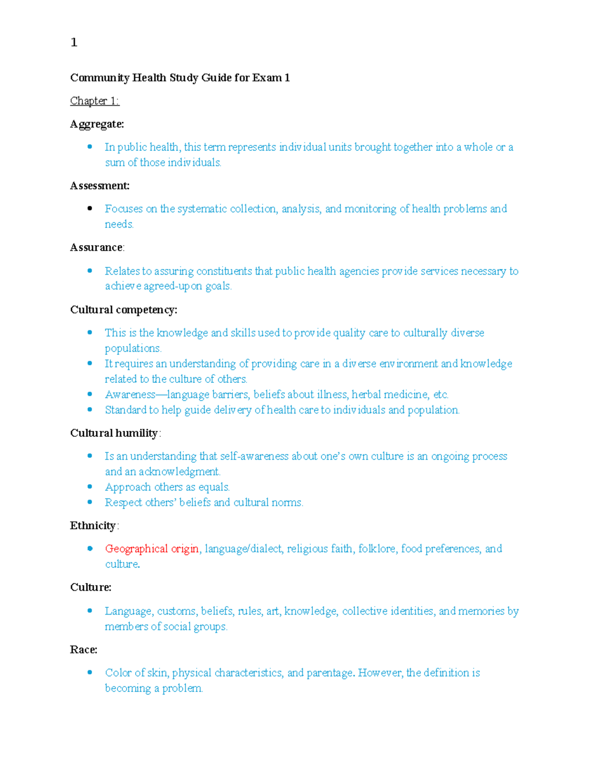 Community Health Study Guide for Exam 1 - Assessment: Focuses on the ...