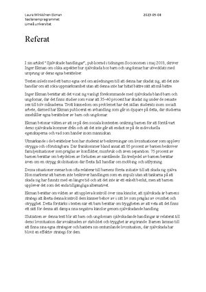 Referat av självskadande handlingar - Referat av Inger Ekmans artikel ”Självskadande handlingar ...