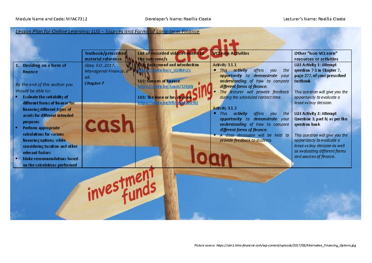 Lesson Plan - LU3 - Module Name and Code: MFAC7312 Developer’s Name ...
