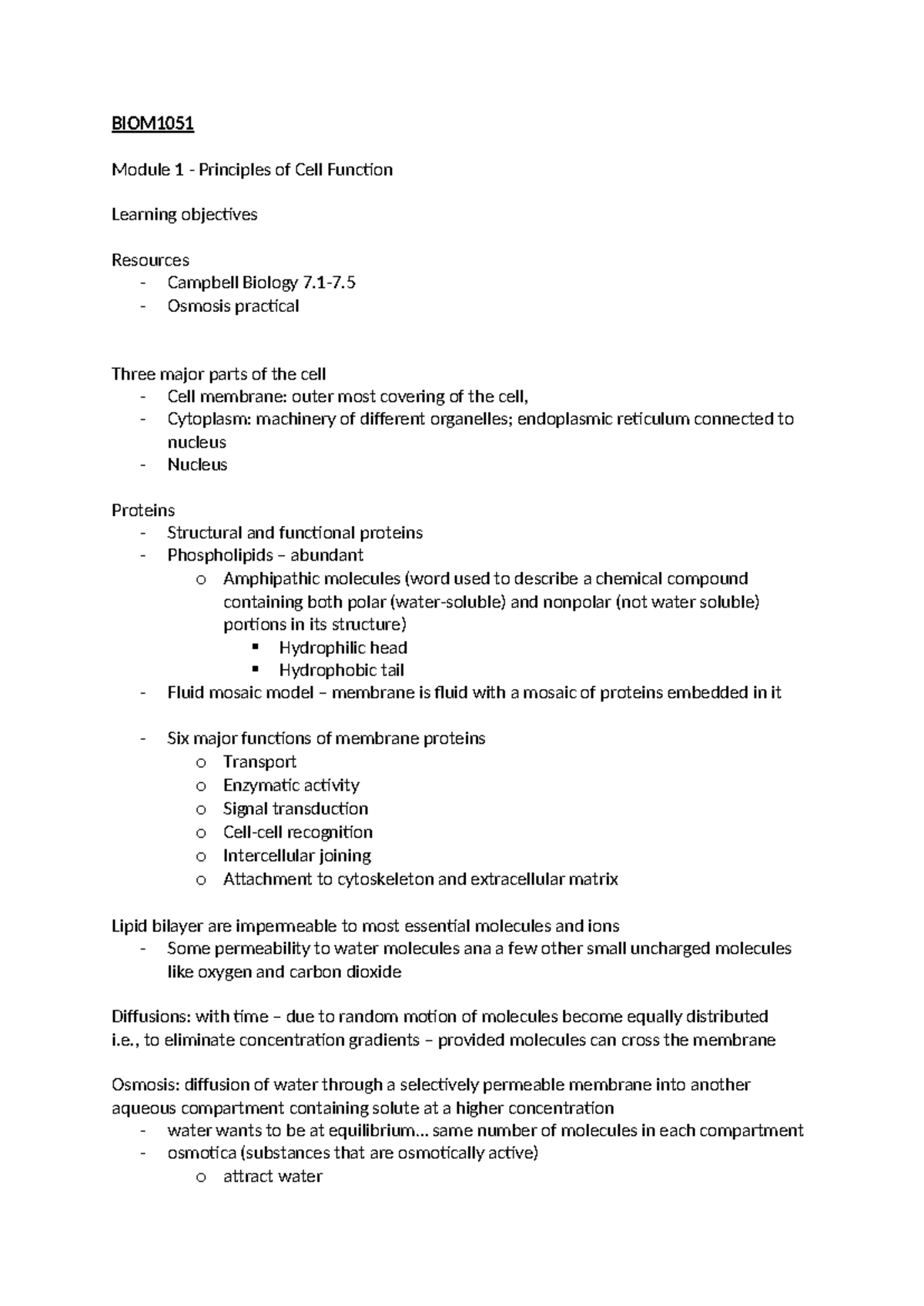 BIOM1051 - BIOM Module 1 - Principles of Cell Function Learning ...