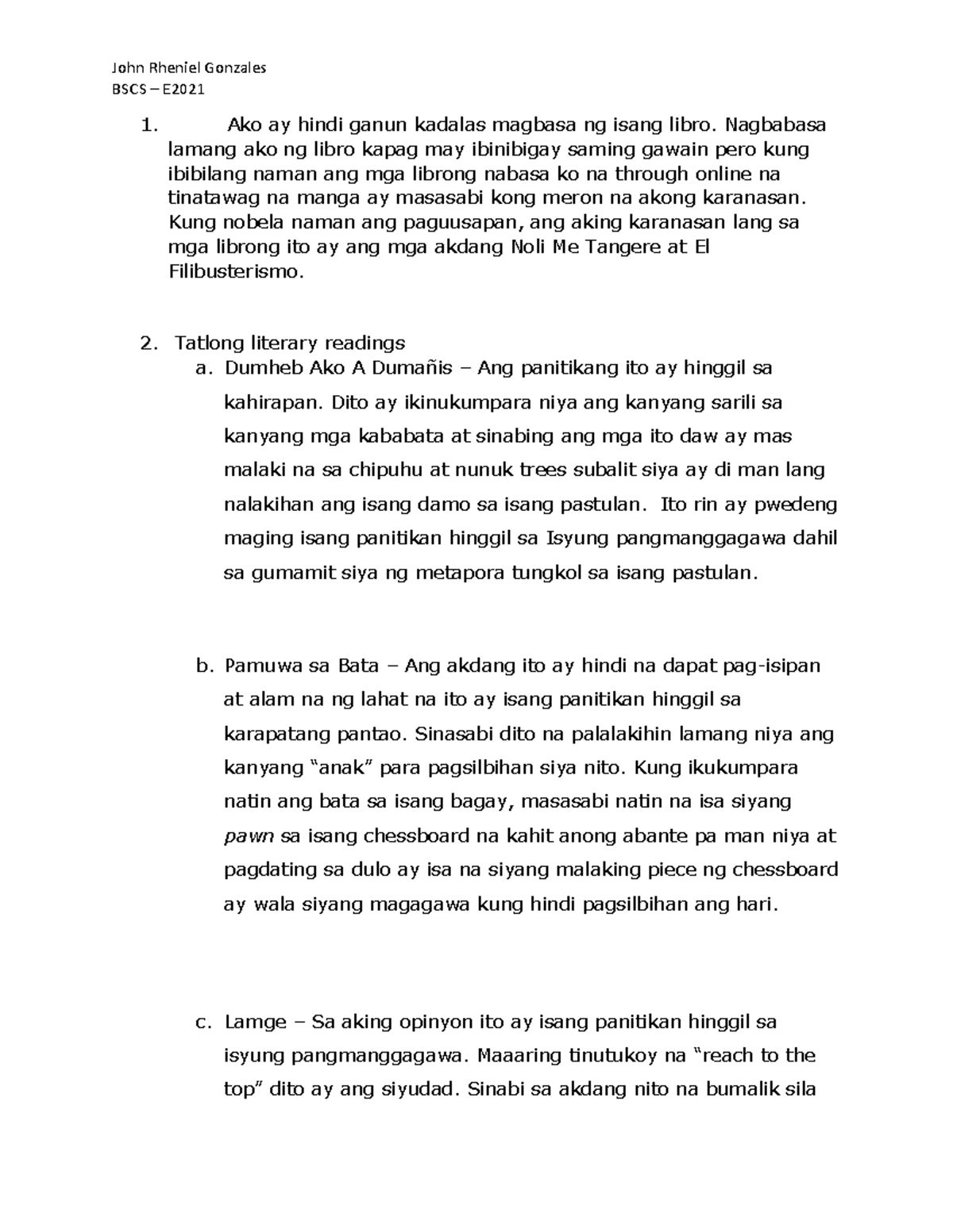 Filipino Assignment - Sheeesh baby - John Rheniel Gonzales BSCS – E Ako ay hindi ganun kadalas ...