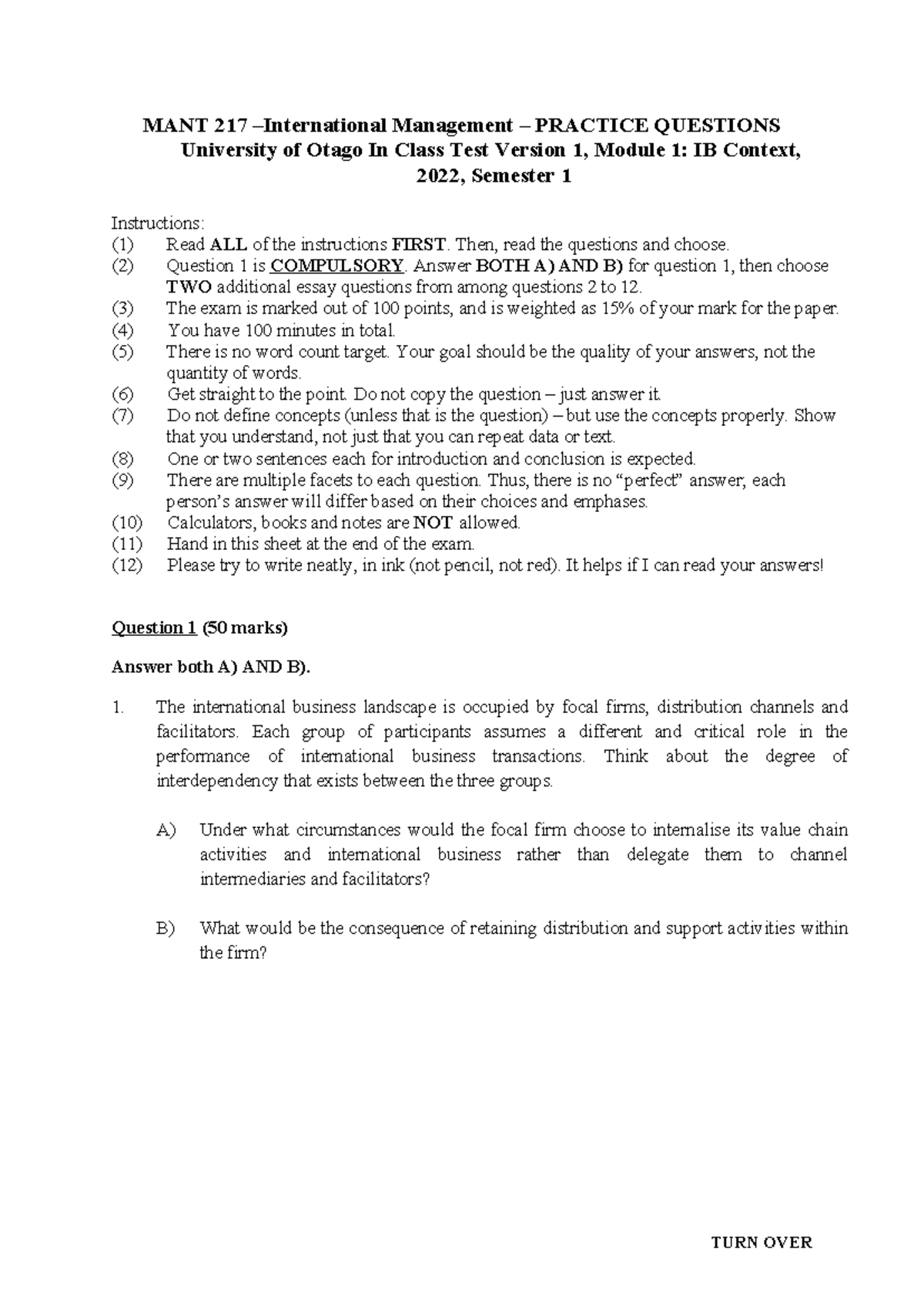 MANT 217 2022 Practice QS In Class Test Version 1 Module 1 IB context ...