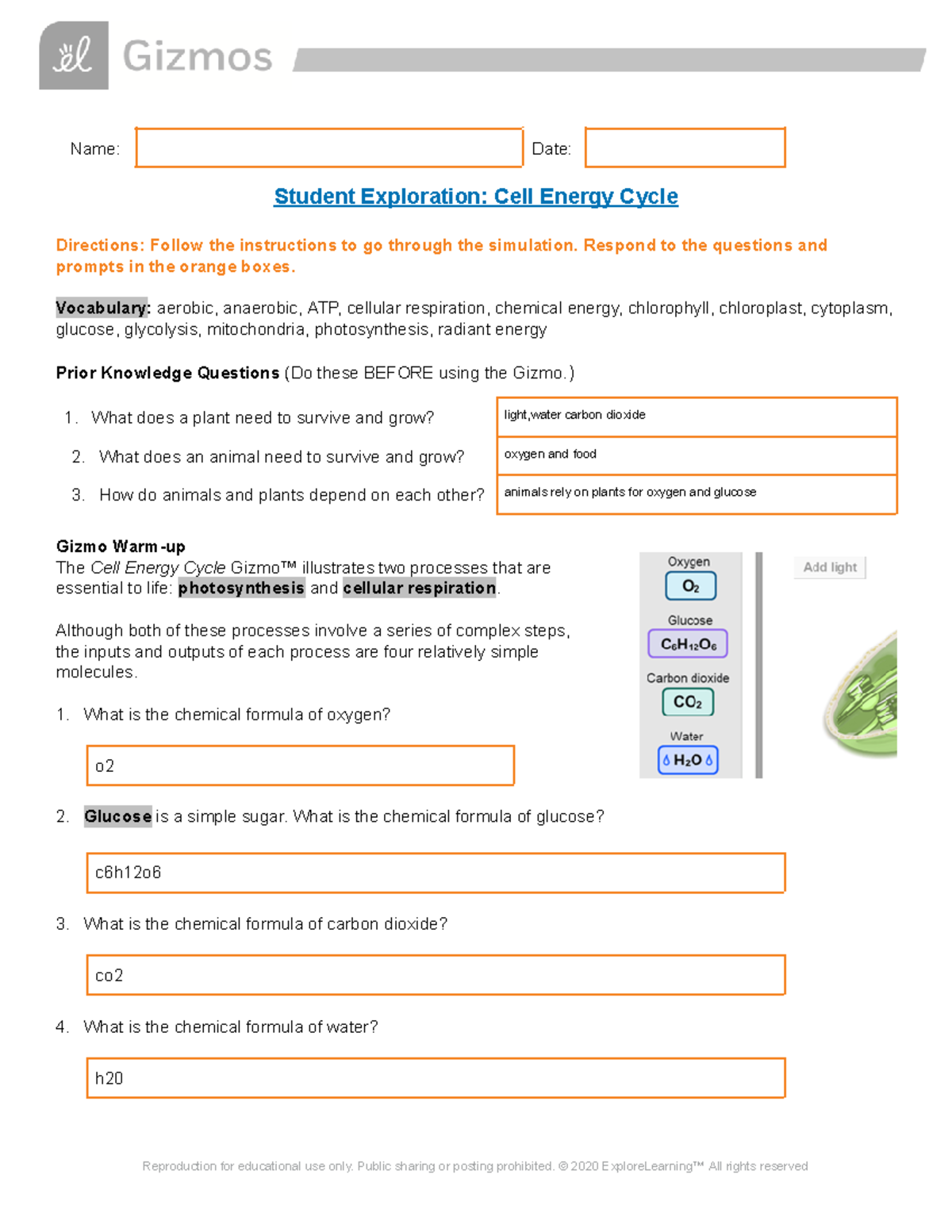 Aiden jones - Cell Energy - Name: Date: Student Exploration: Cell ...