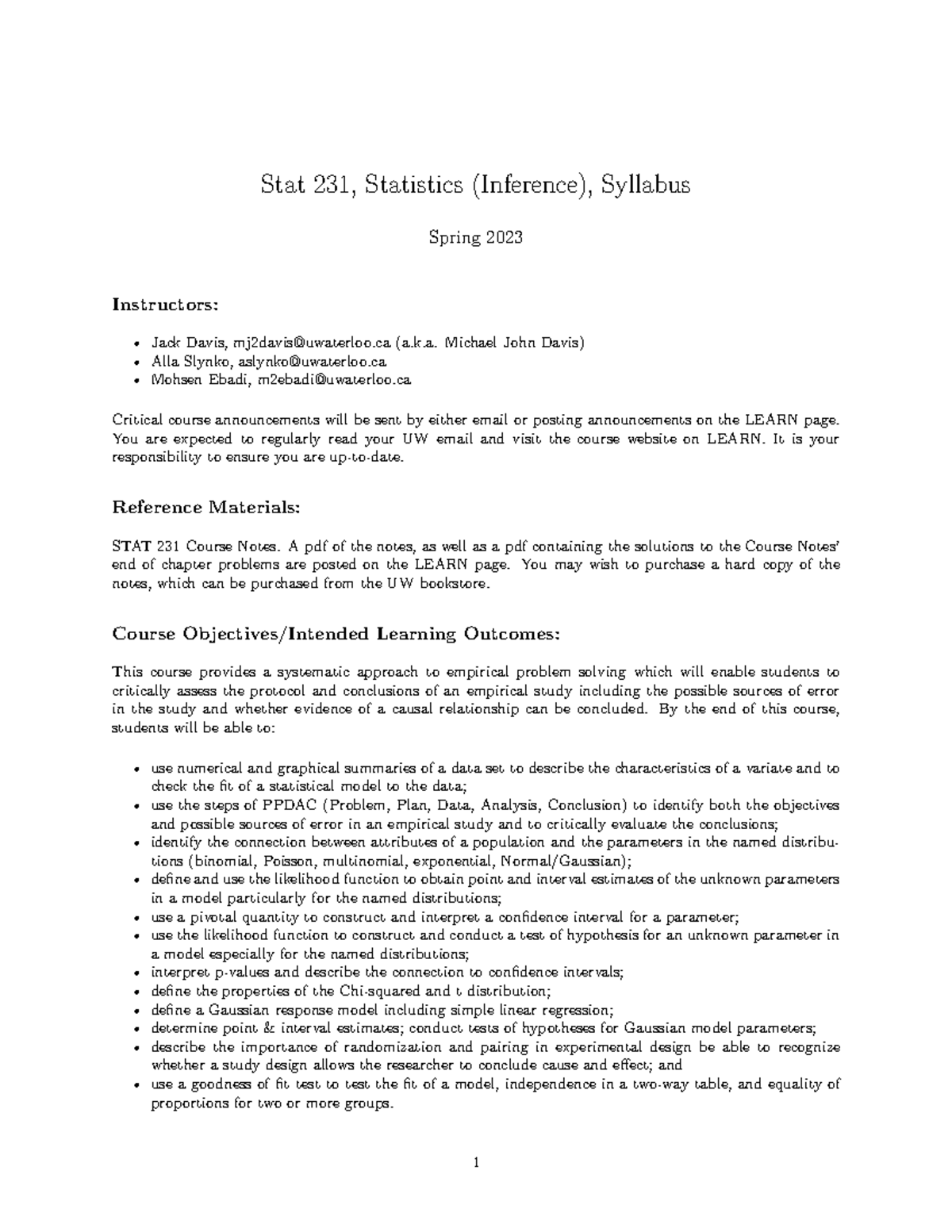 Stat 231 Syllabus S2023 v2 - Stat 231, Statistics (Inference), Syllabus ...