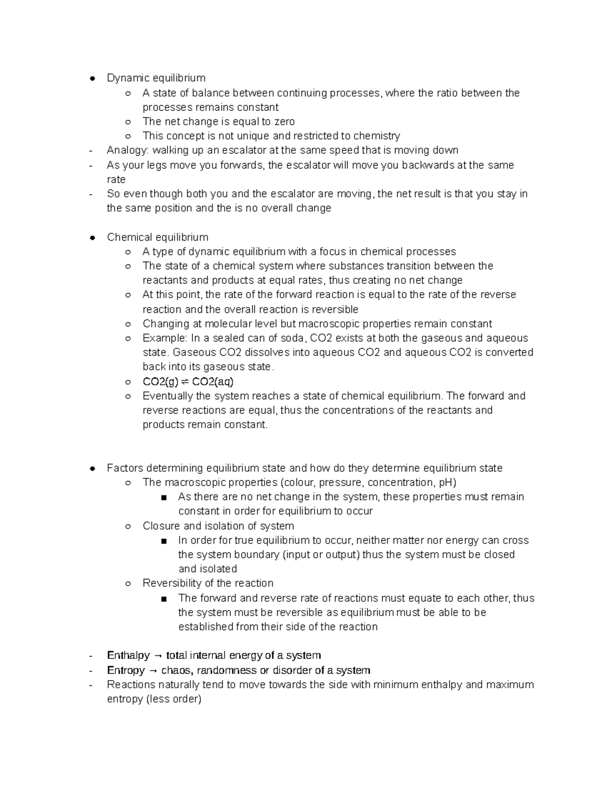 CHEM 203 - Equilibrium note - Dynamic equilibrium A state of balance ...