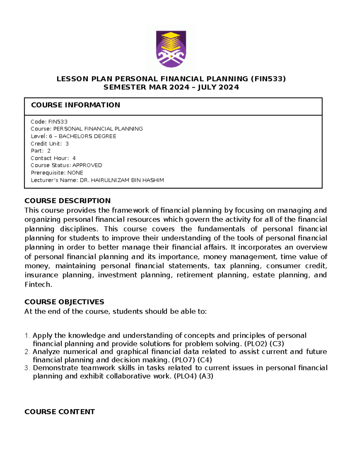Template Lesson PLAN FIN533 SEM MAR 2024 TO AUG 2024 - LESSON PLAN ...