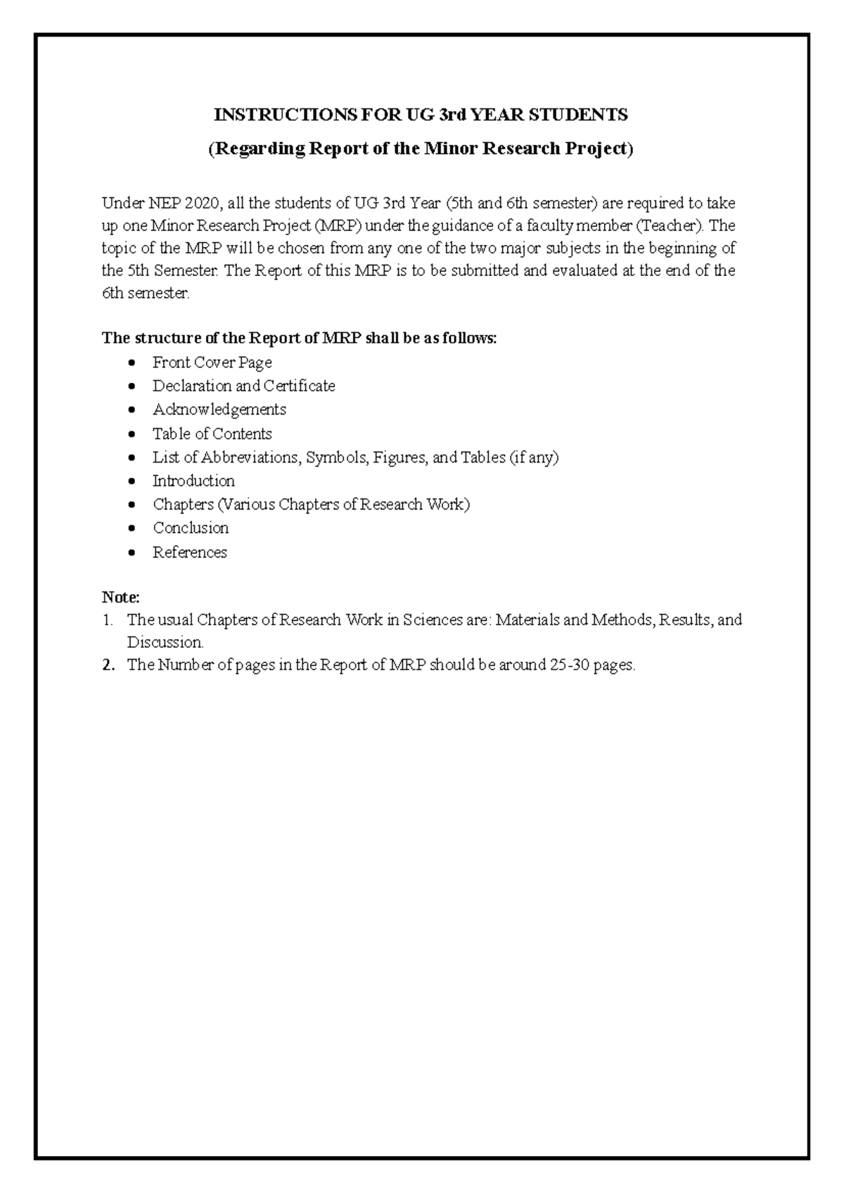 UG Minor research Project - INSTRUCTIONS FOR UG 3 rd YEAR STUDENTS ...