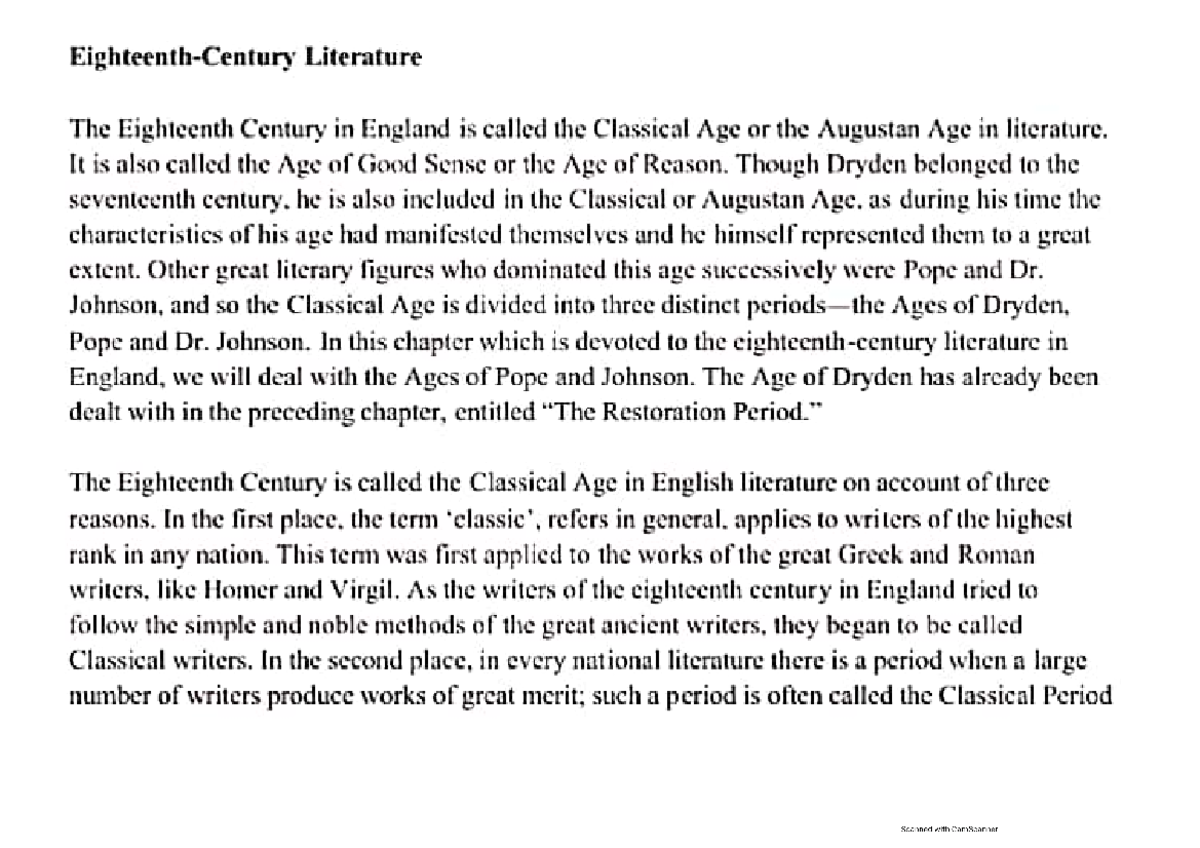 Classical age - history of English literature - Studocu