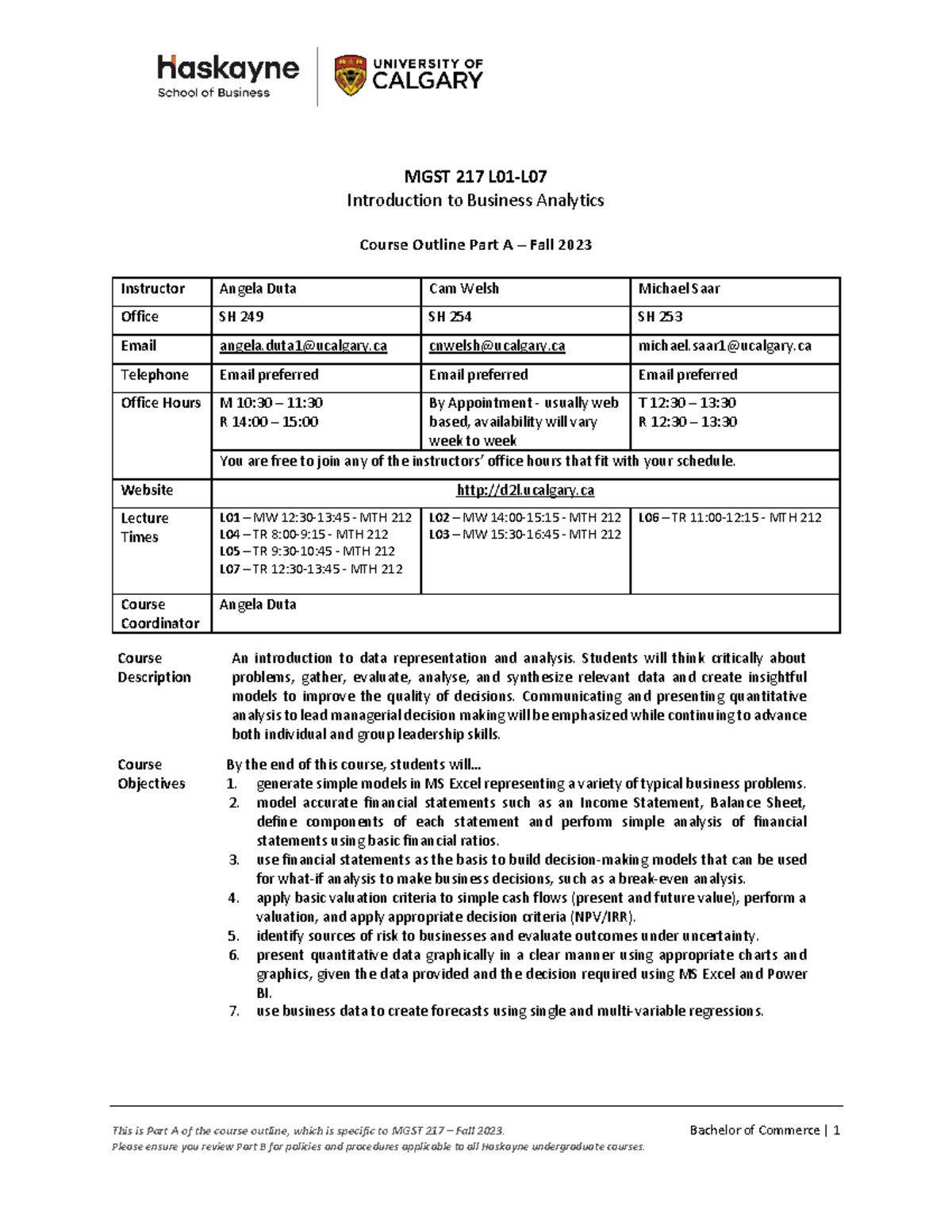 F23 MGST 217 L01-07 Course Outline - Part A - A.Duta C. Welsh M. Saar ...