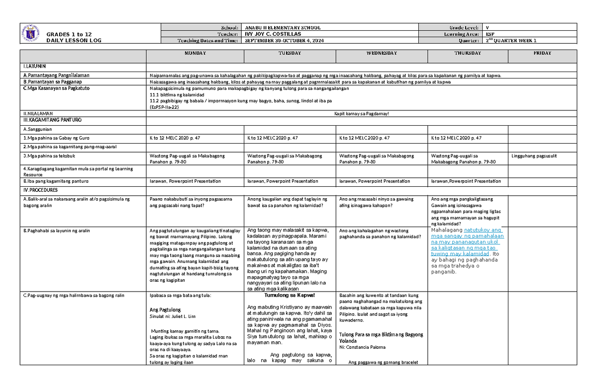 DLL ESP 5 Q2 W1 - DLL ESP 5 Q2 W1 - GRADES 1 to 12 DAILY LESSON LOG ...