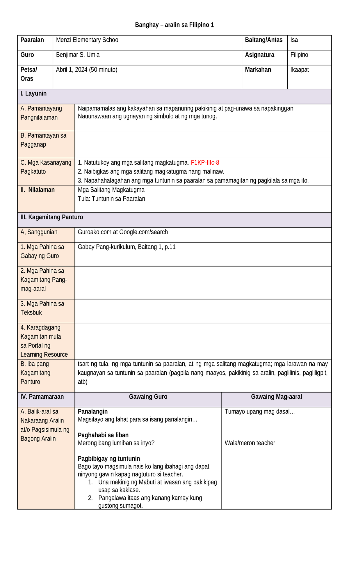 Detailed- Lesson-PLAN - Banghay – aralin sa Filipino 1 Paaralan Menzi ...