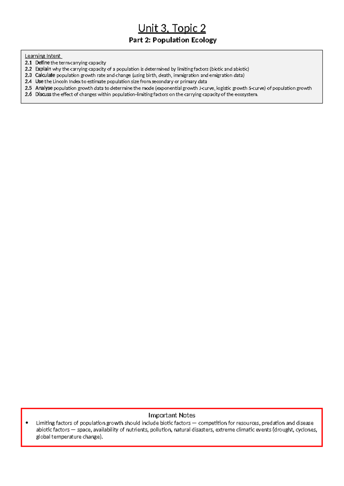 (Population Ecology 2.1-2.6) - Unit 3, Topic 2 Part 2: Population Ecology Learning Intent 2 ...