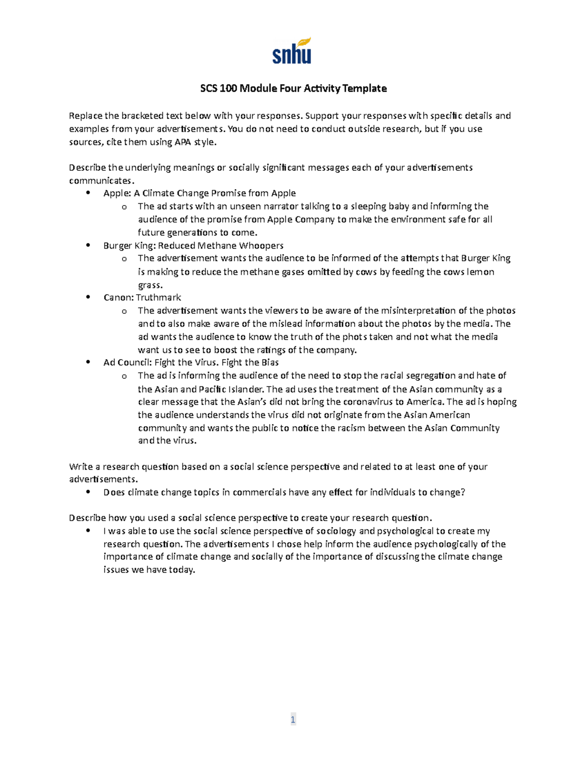 SCS 100 Module Four Activity Template - SCS 100 Module Four Activity Template Replace the ...