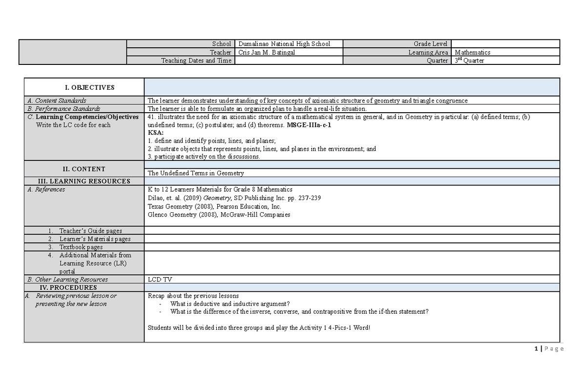 CO 1 (2019 ) - Class Observation on Mathematics 10 - School Dumalinao ...