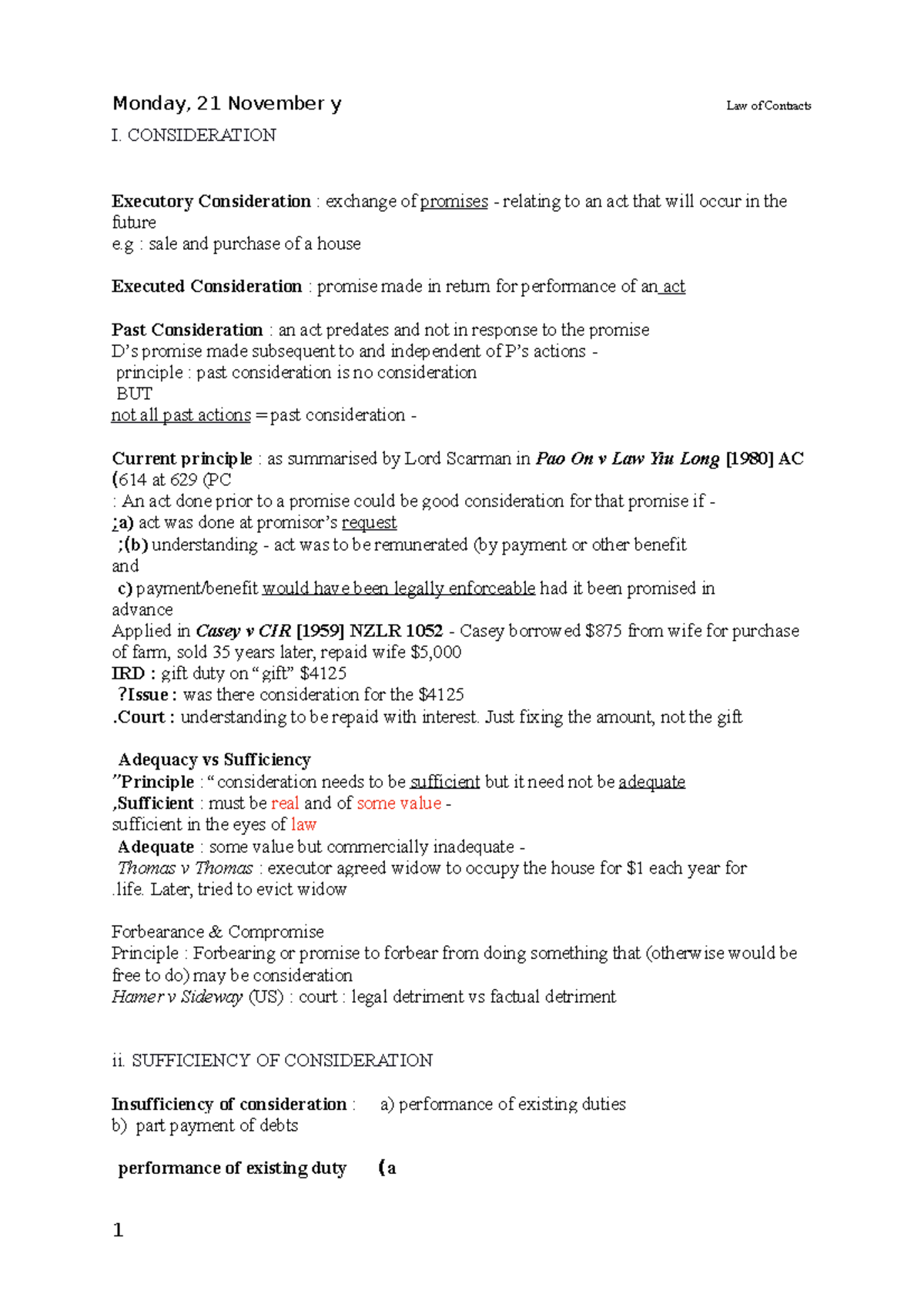 LEGAL204 - contracts study for test 2 - I. CONSIDERATION Executory ...